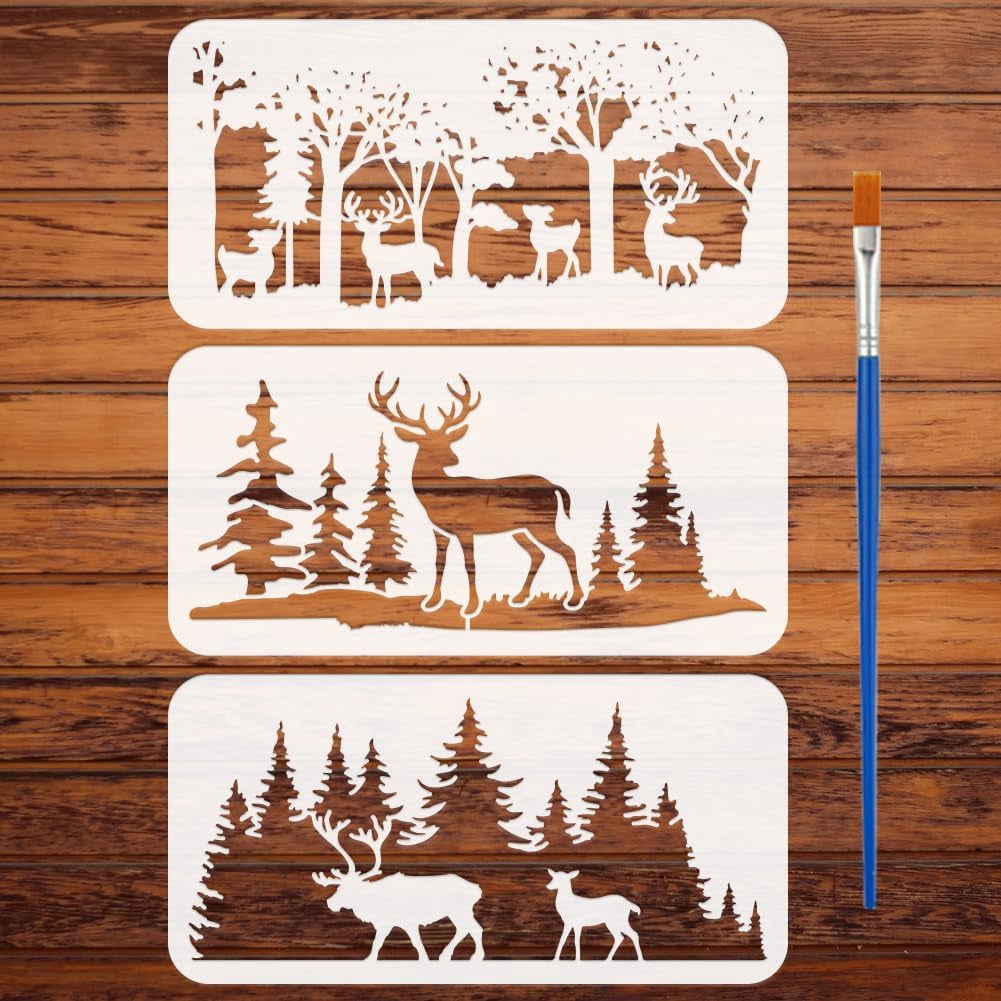 3 Pcs Forest Deer Painting Stencil with Brush 11.8x5.9inch Deer ...