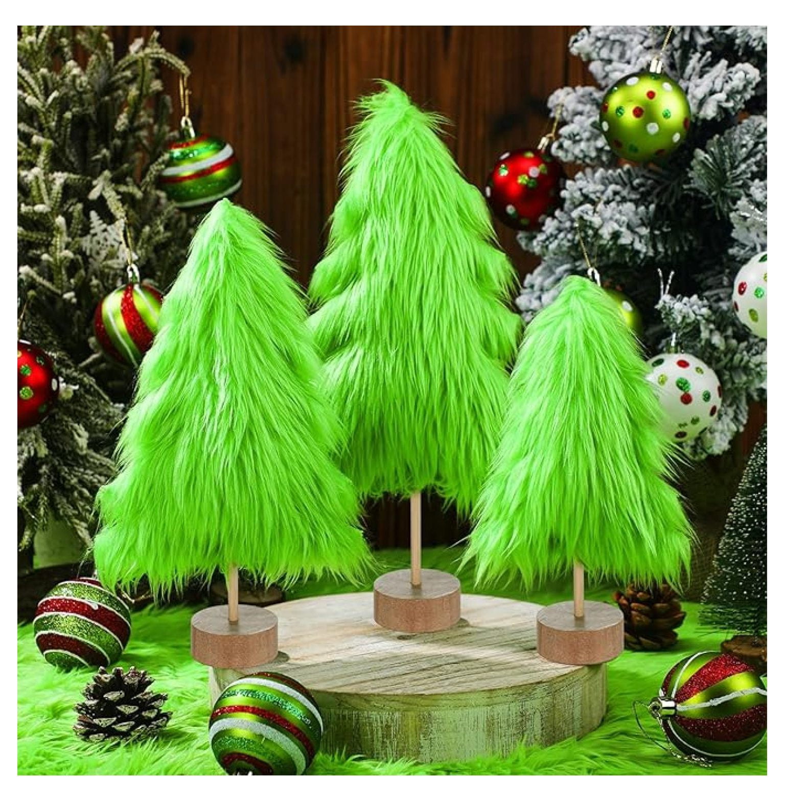 3 Pcs Furry Green Christmas Tree Decoration 3 Sizes Wood Christmas ...