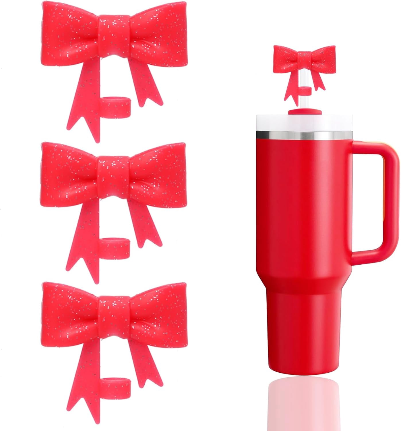 3 Pcs Glitter Red Bow Straw Covers Cap Toppers Compatible with Stanley ...