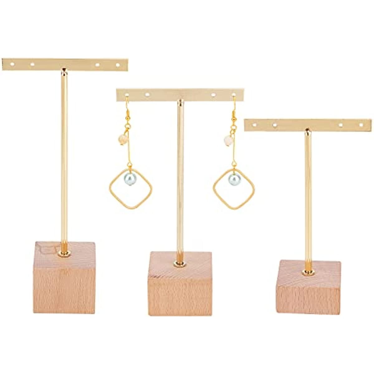 3 Pcs Gold Metal T Bar Earring Display Stand with Wooden Square Base 4 ...