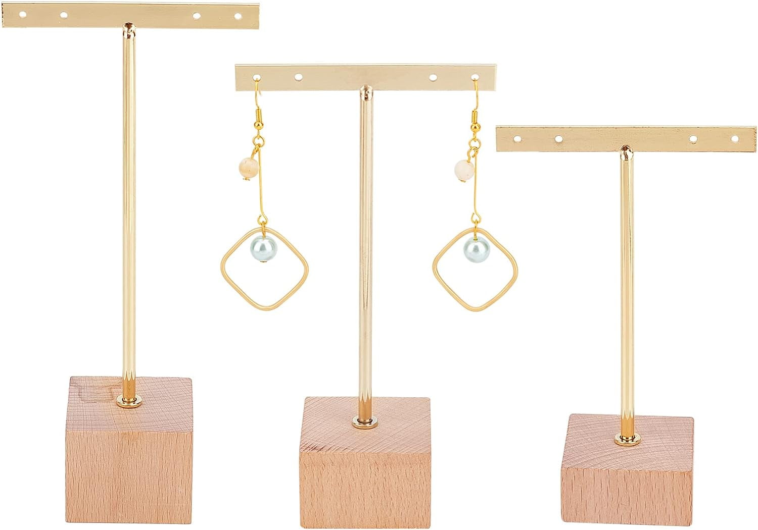 3 Pcs Gold Metal T Bar Earring Display Stand with Wooden Square Base 4 ...
