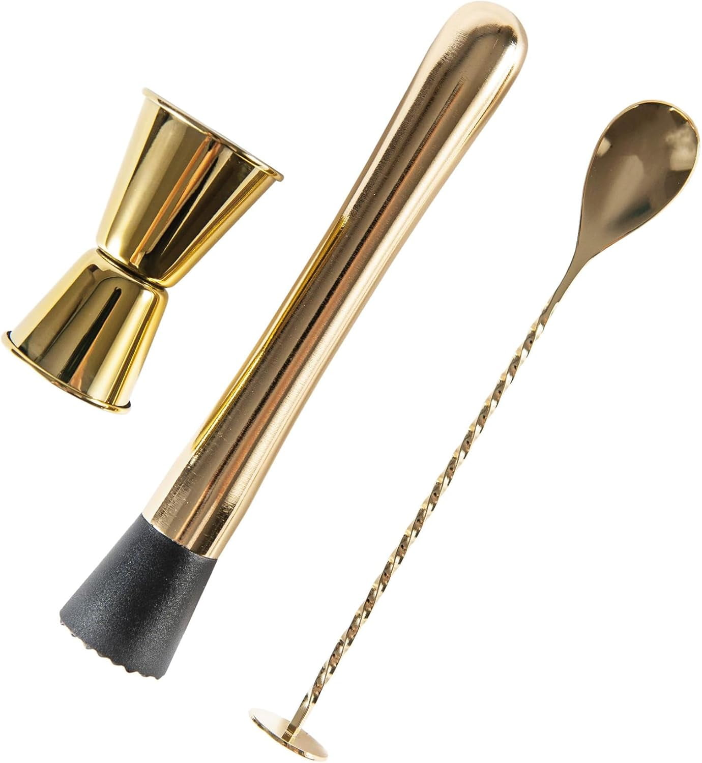 3-Pcs Gold Muddler & Mixing Tools Set, 10" Muddler, 12" Cocktail Spoon ...