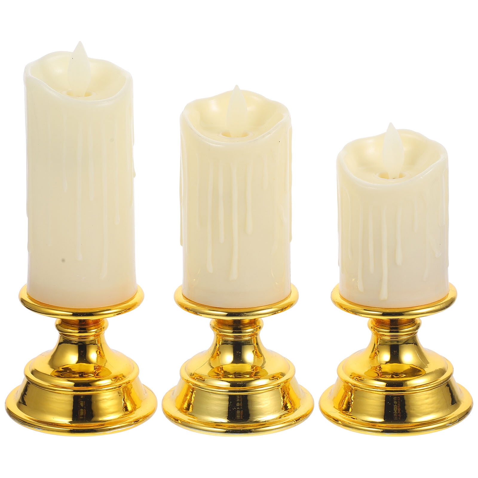 3 Pcs Golden Candle Light Candles Wedding Fake LED Pillar Flameless ...
