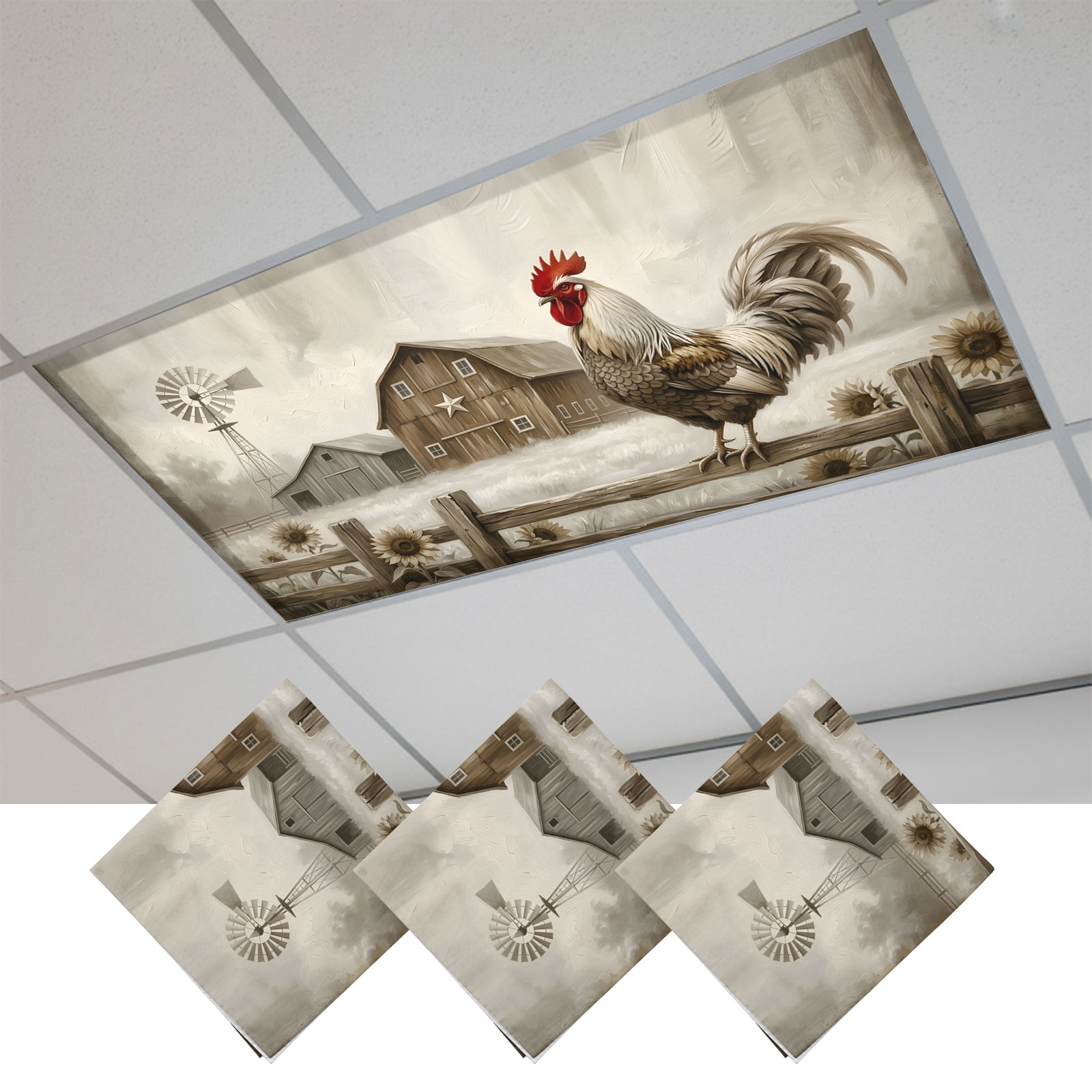 3 Pcs Gray Rustic Rooster Fluorescent Light Covers Brown Barn Farmhouse ...