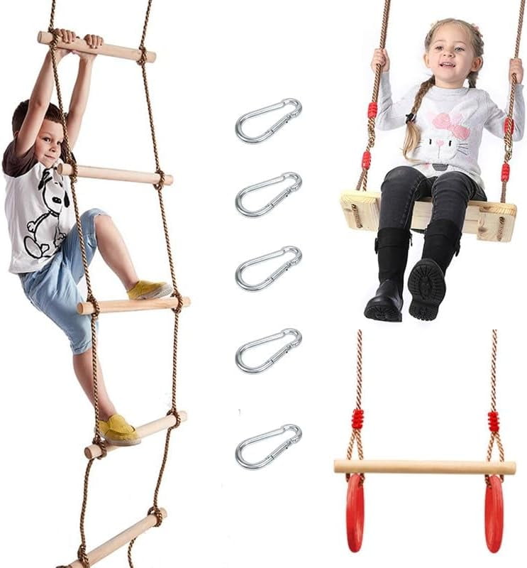 3 Pcs Gym Swing Set Includes Wooden Swing, Trapeze Bar with Rings ...