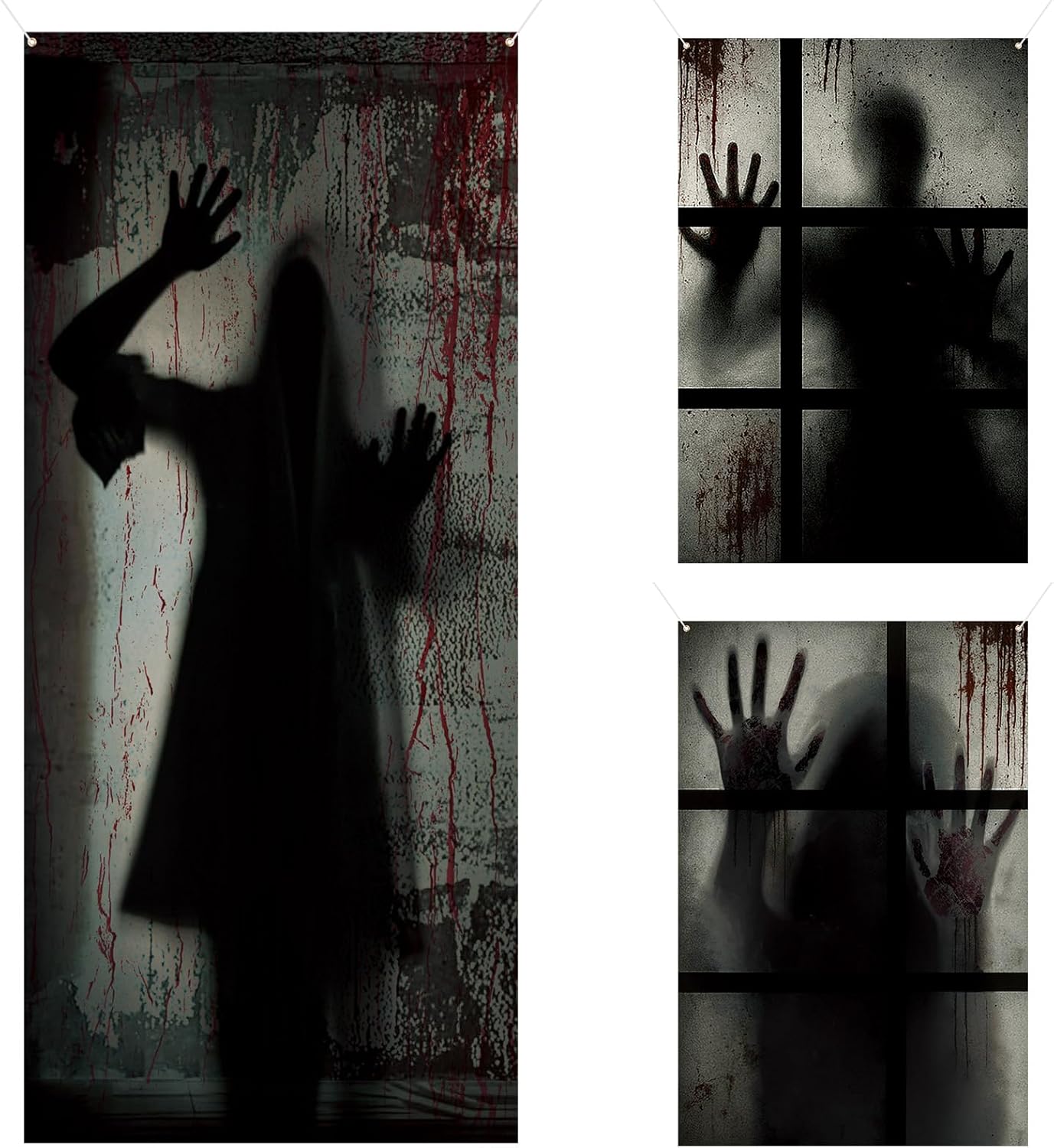 3 Pcs Halloween Window Door Covers Set Scary Warning Sign House Curtain ...
