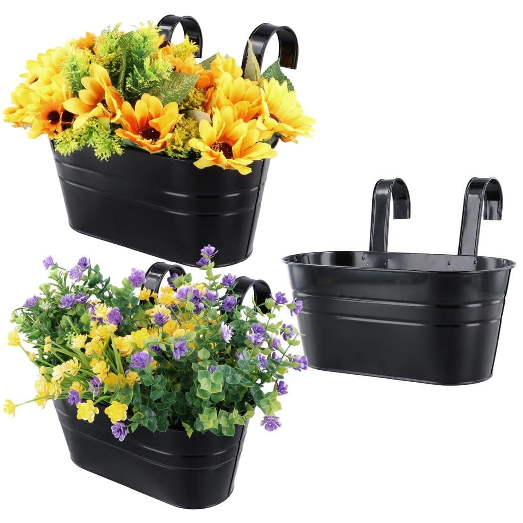 3 Pcs Hanging Planters for Railing Fence, 11 Inch Black Metal Hanging ...