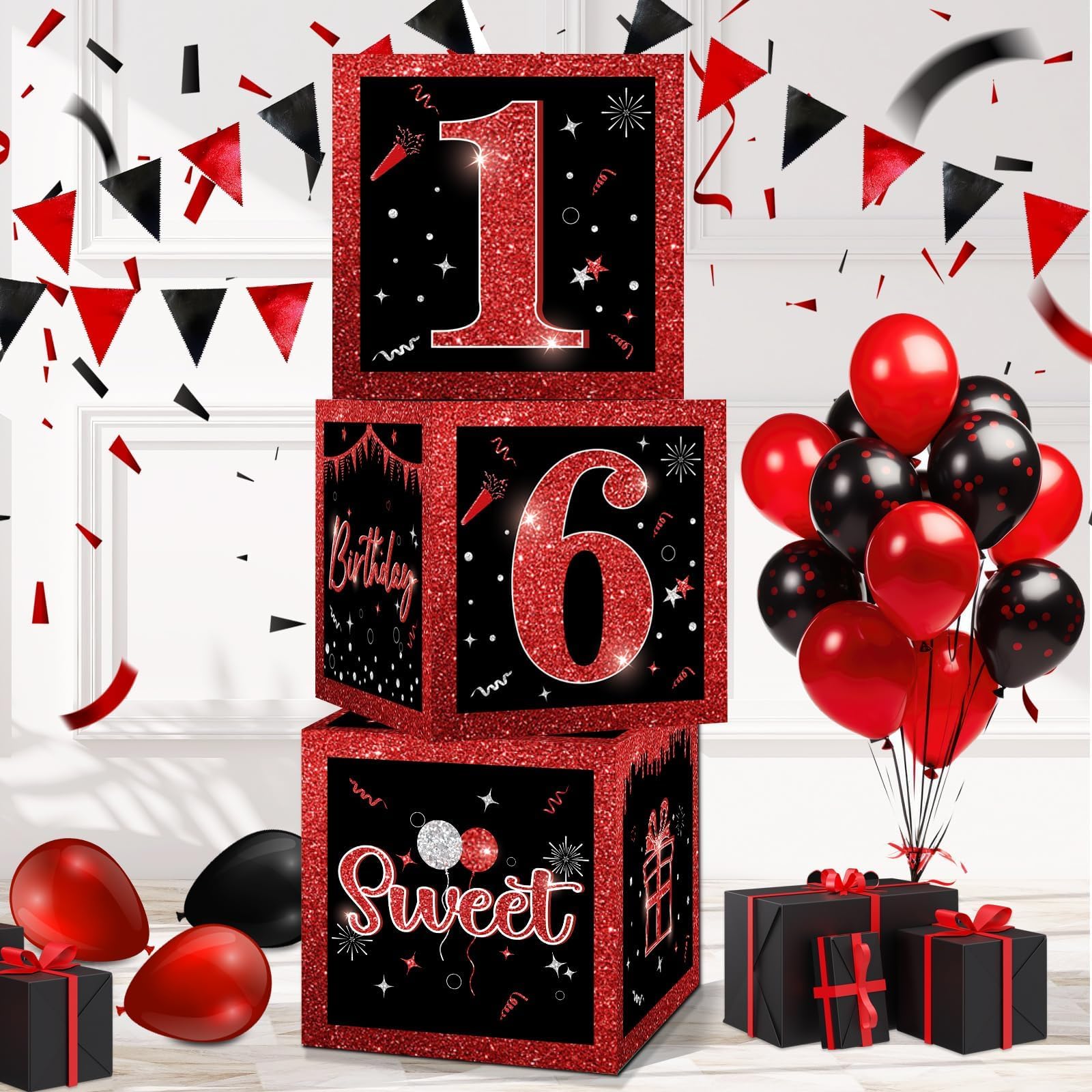 3 Pcs Happy 16th Birthday Decorations Red H2FSDBlack Balloon Box for ...