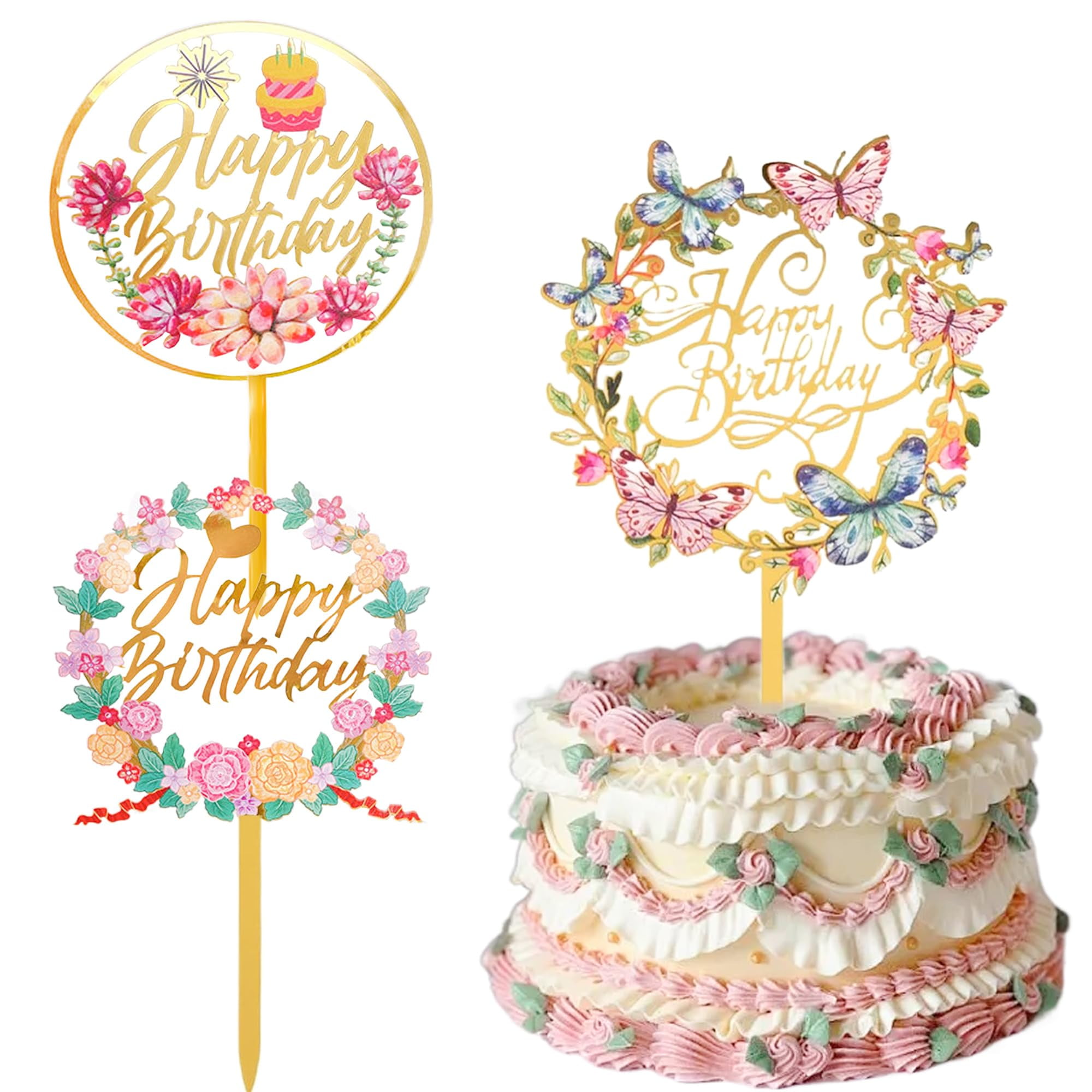 3 Pcs Happy Birthday Cake Decoration,Acrylic Flower H2FSDCake Toppers ...