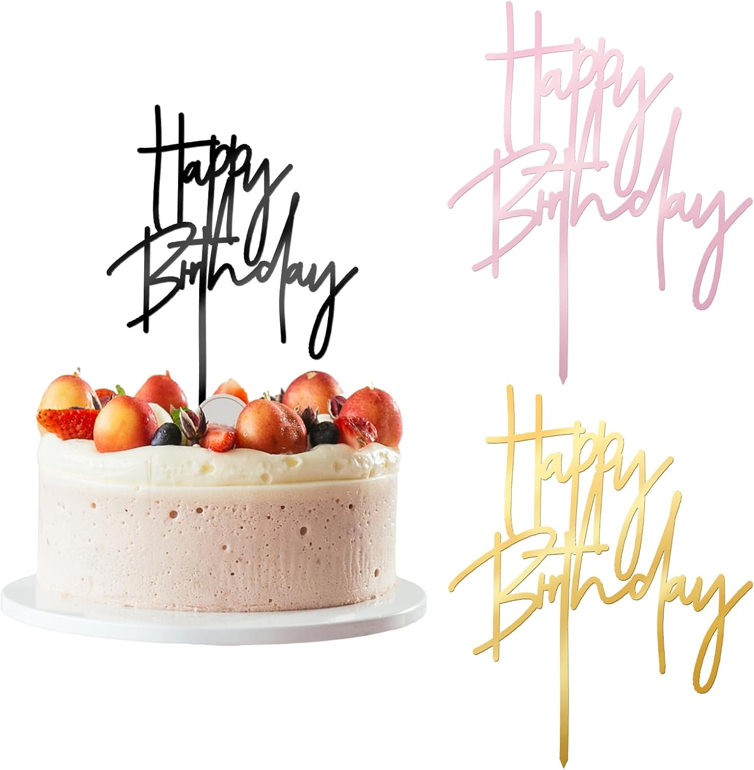 3 Pcs Happy Birthday Cake Topper, 3 Color Acrylic Cake Toppers ...