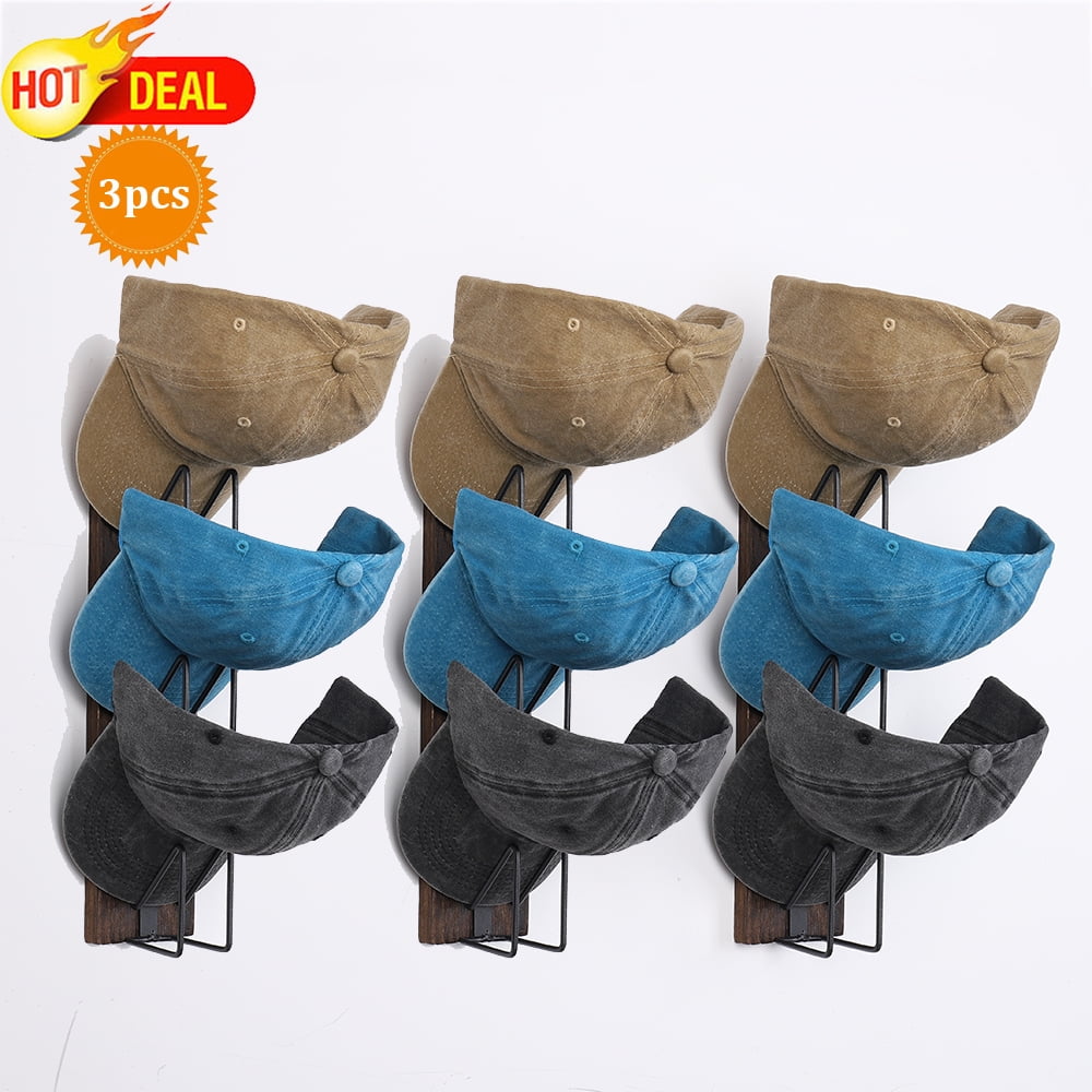 3 Pcs Hat Rack for Baseball Caps, Wall Mounted Iron Wood Hat Storage ...