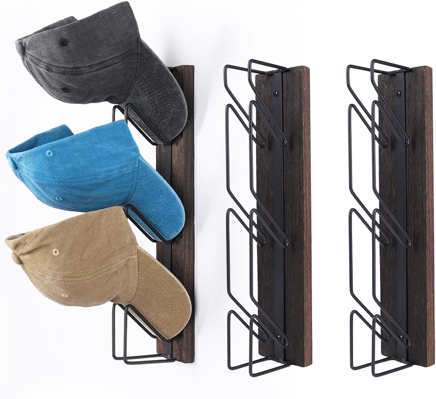 3 Pcs Hat Rack for Baseball Caps, Wall Mounted Iron Wood Hat Storage ...