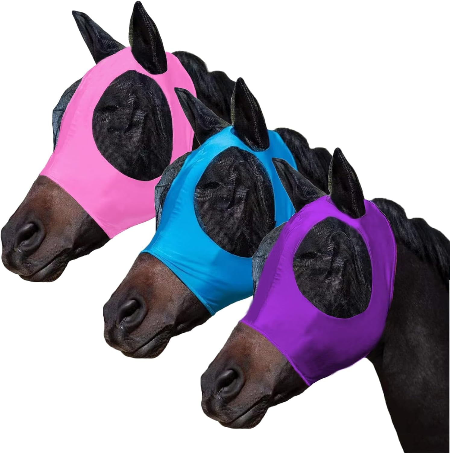 3 Pcs Horse Fly Mask-Fly Masks for Horses with Ears, Breathable Elastic ...