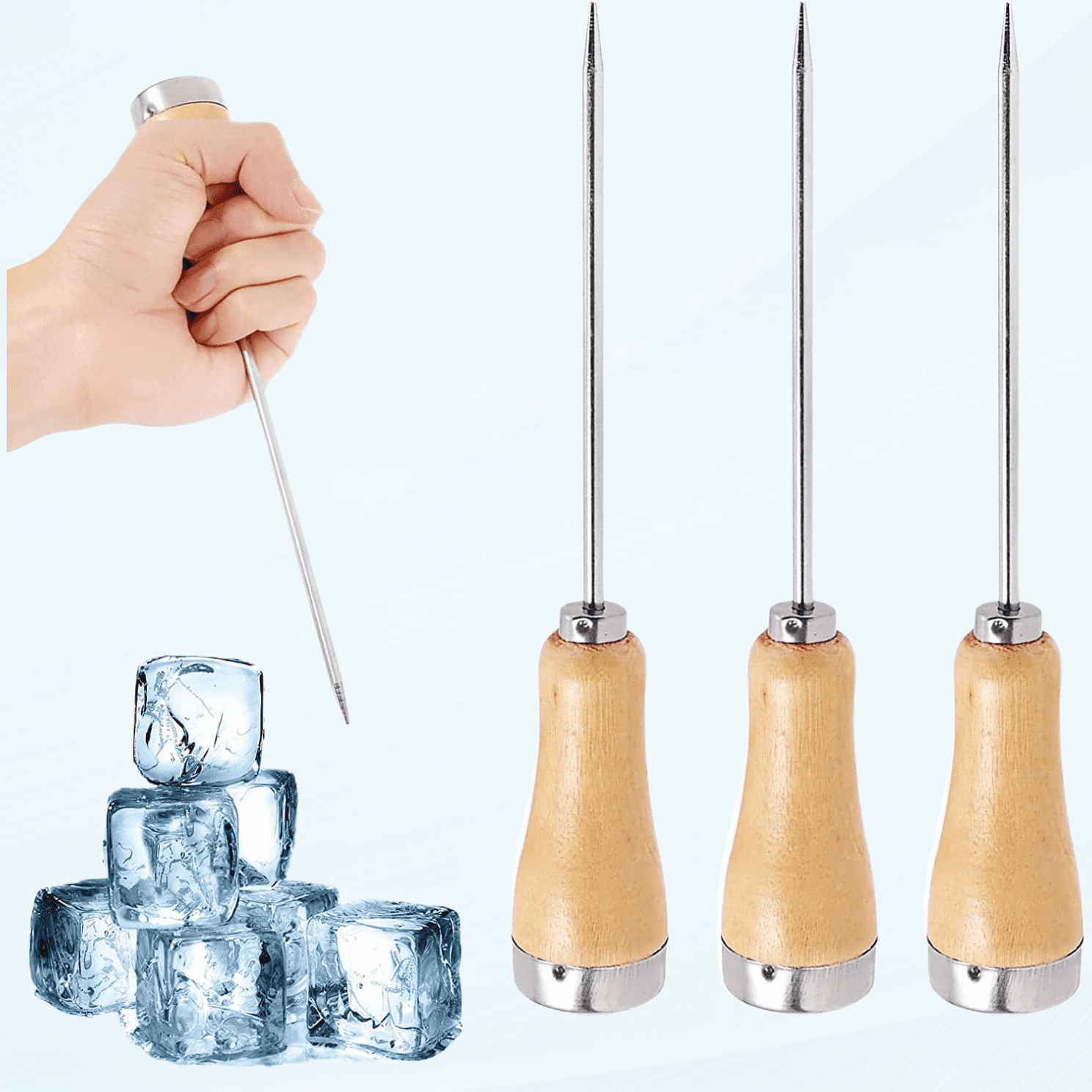 3 Pcs Ice Picks Stainless Steel Ice Pick with Safety Wooden Handle,Ice ...