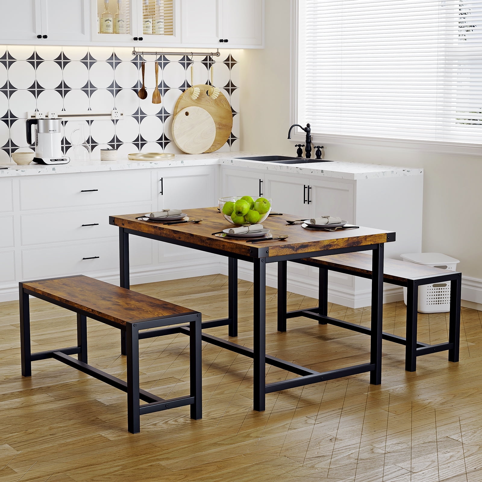 3 Pcs Industrial Dining Table Bench Set for 4, Space-Saving Rectangular ...