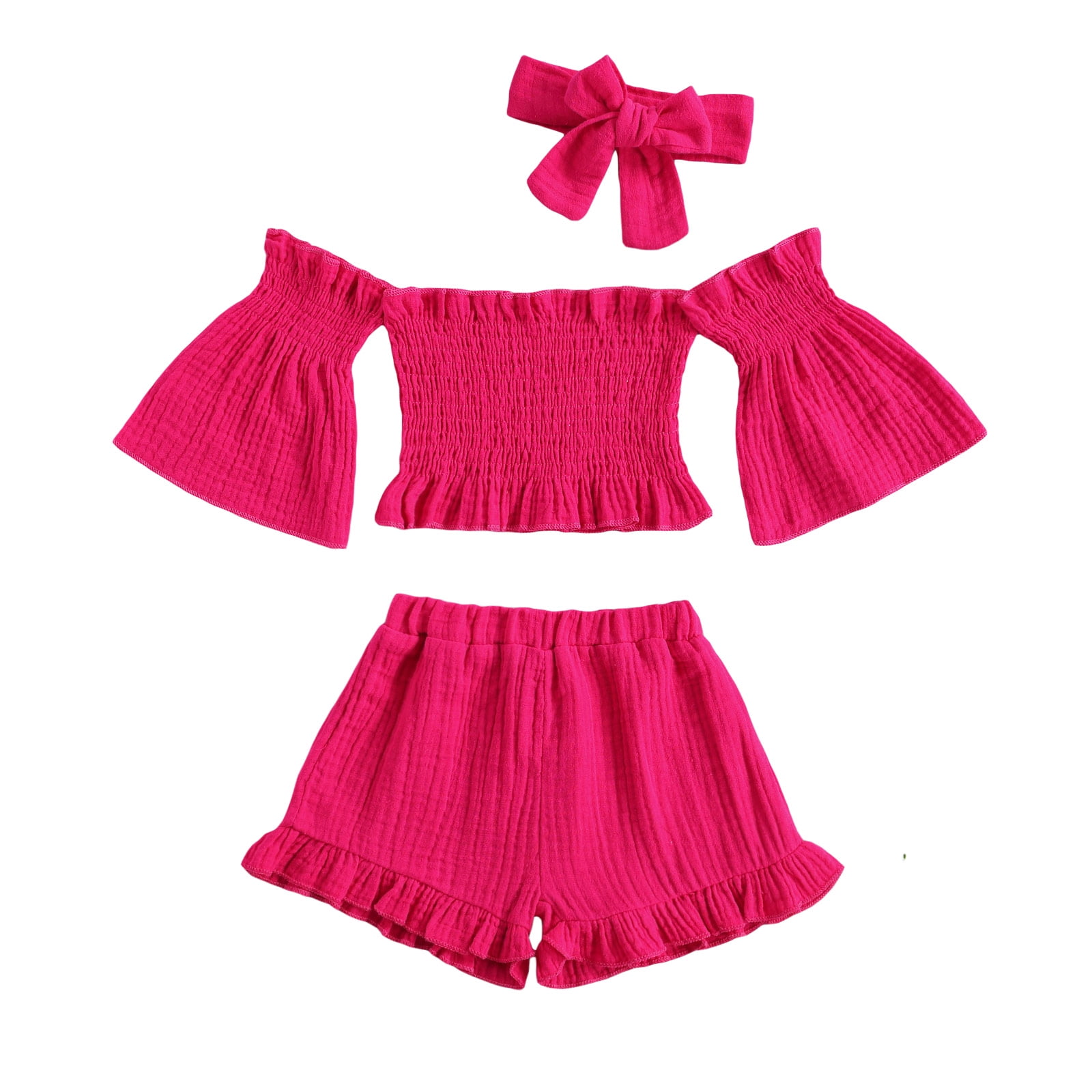 3 Pcs Infant Solid Color Outfits, Baby Girls Off Shoulder Flare Sleeves ...