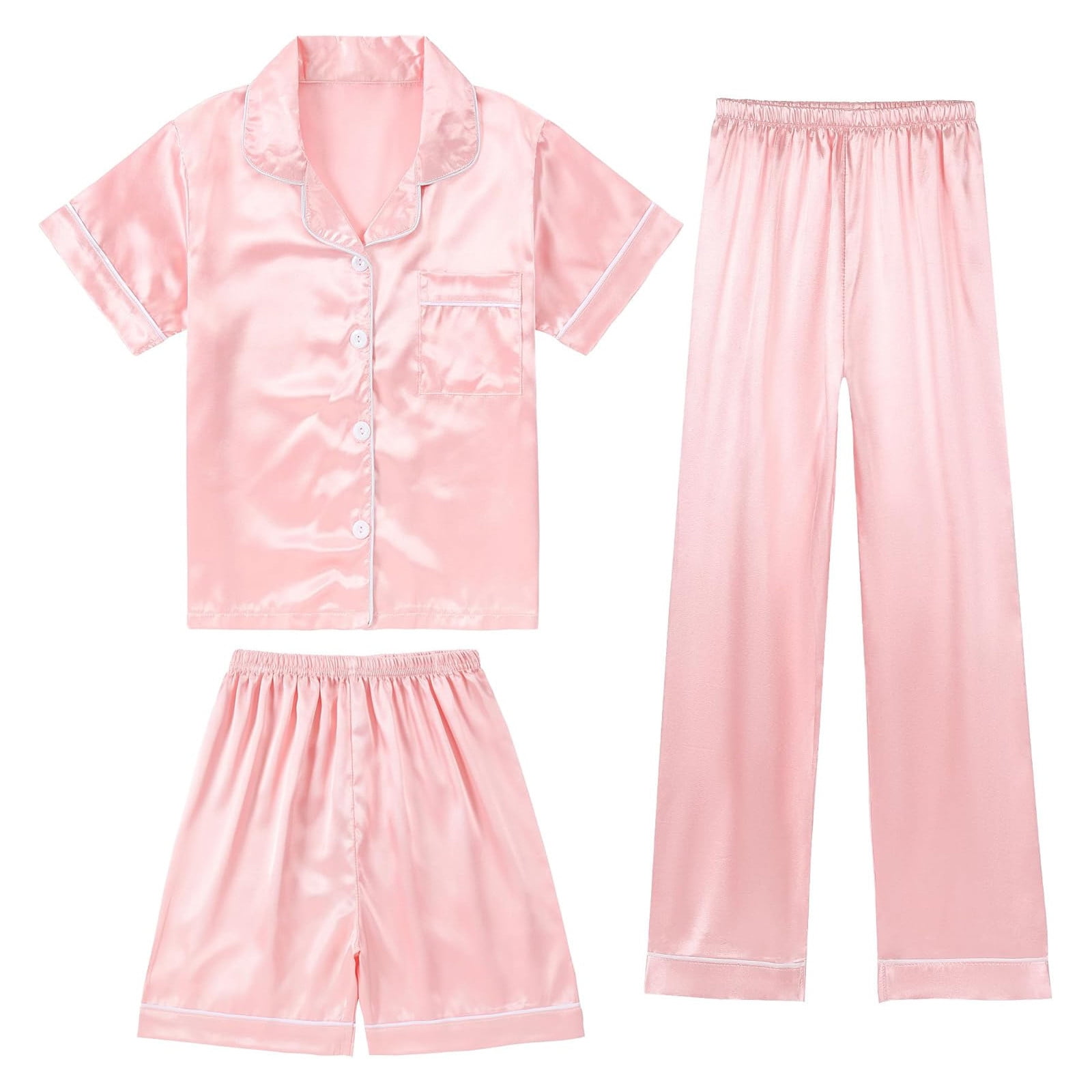 3 Pcs Kids Girls Silk Pjs Set Short Sleeve Button Down Sleepwear Soft ...