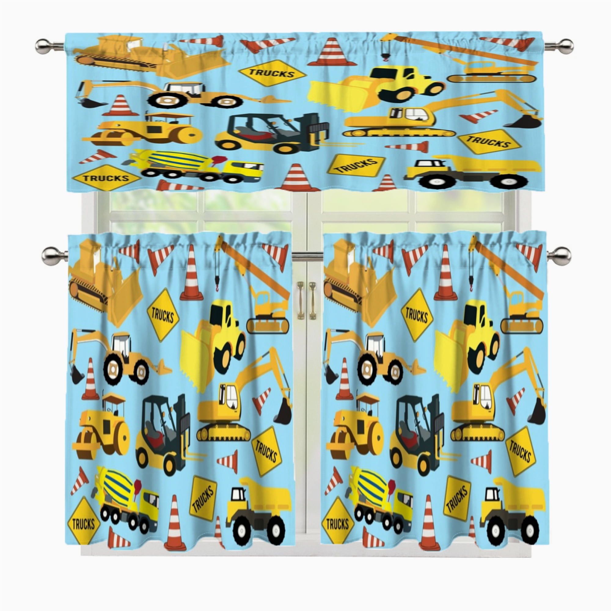 3 Pcs Kitchen Curtains Valance and Tiers Set Construction Trucks ...