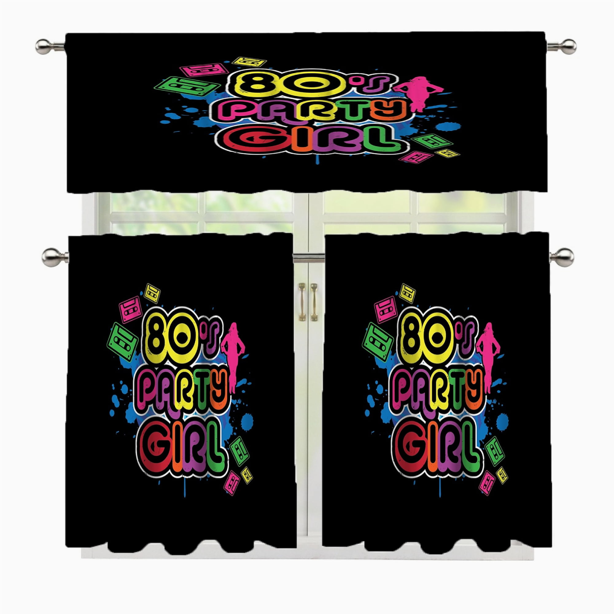 3 Pcs Kitchen Curtains Valance and Tiers Set 80s Party Girl Vintage ...