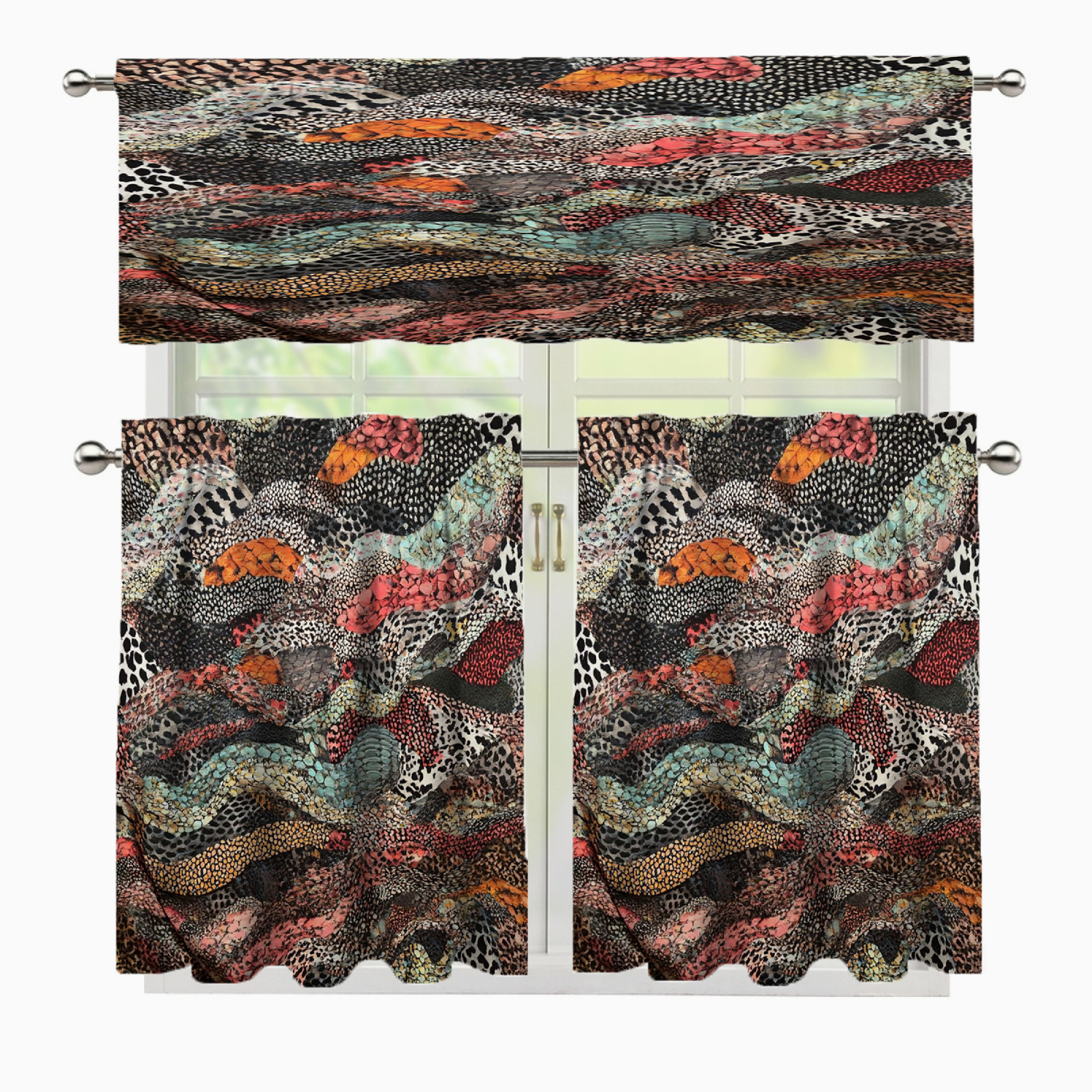 3 Pcs Kitchen Curtains Valance and Tiers Set Abstract animal print ...