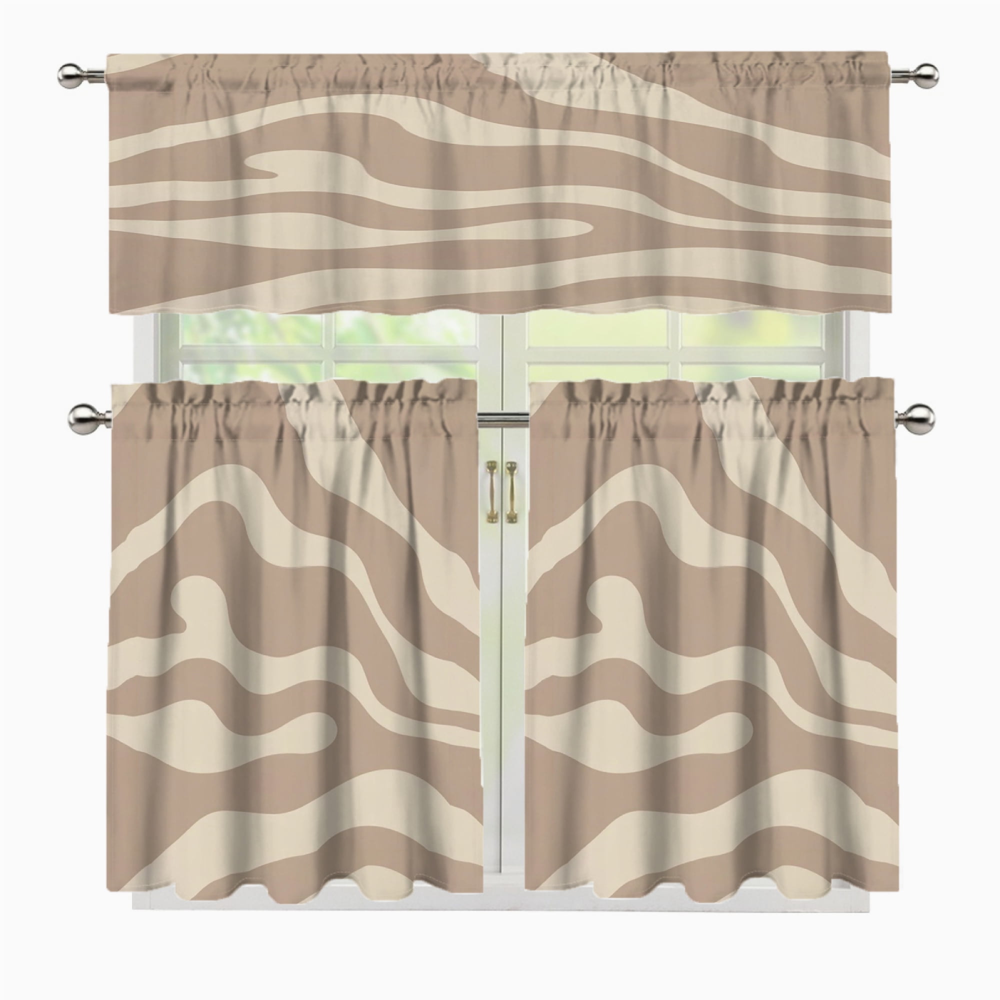 3 Pcs Kitchen Curtains Valance and Tiers Set Abstract beige wavy ...