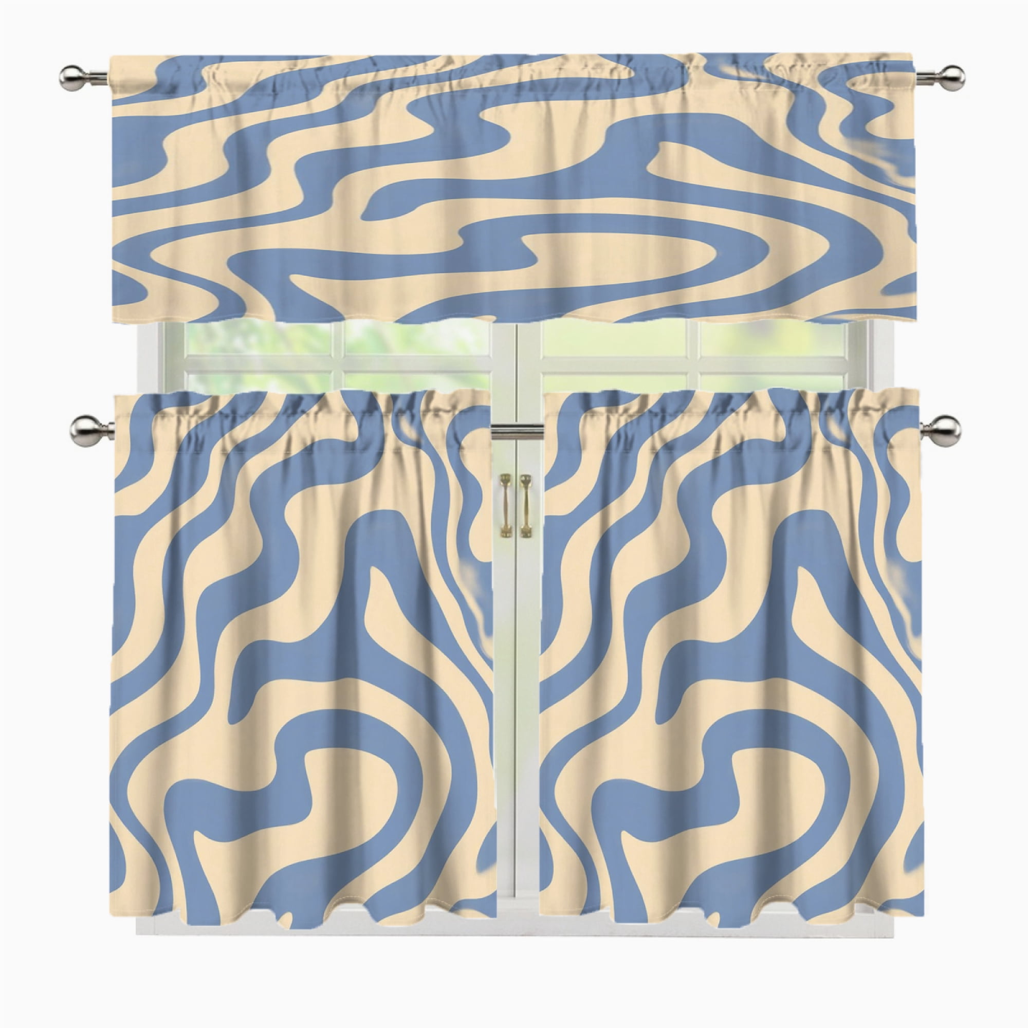 3 Pcs Kitchen Curtains Valance and Tiers Set Abstract blue wavy pattern ...