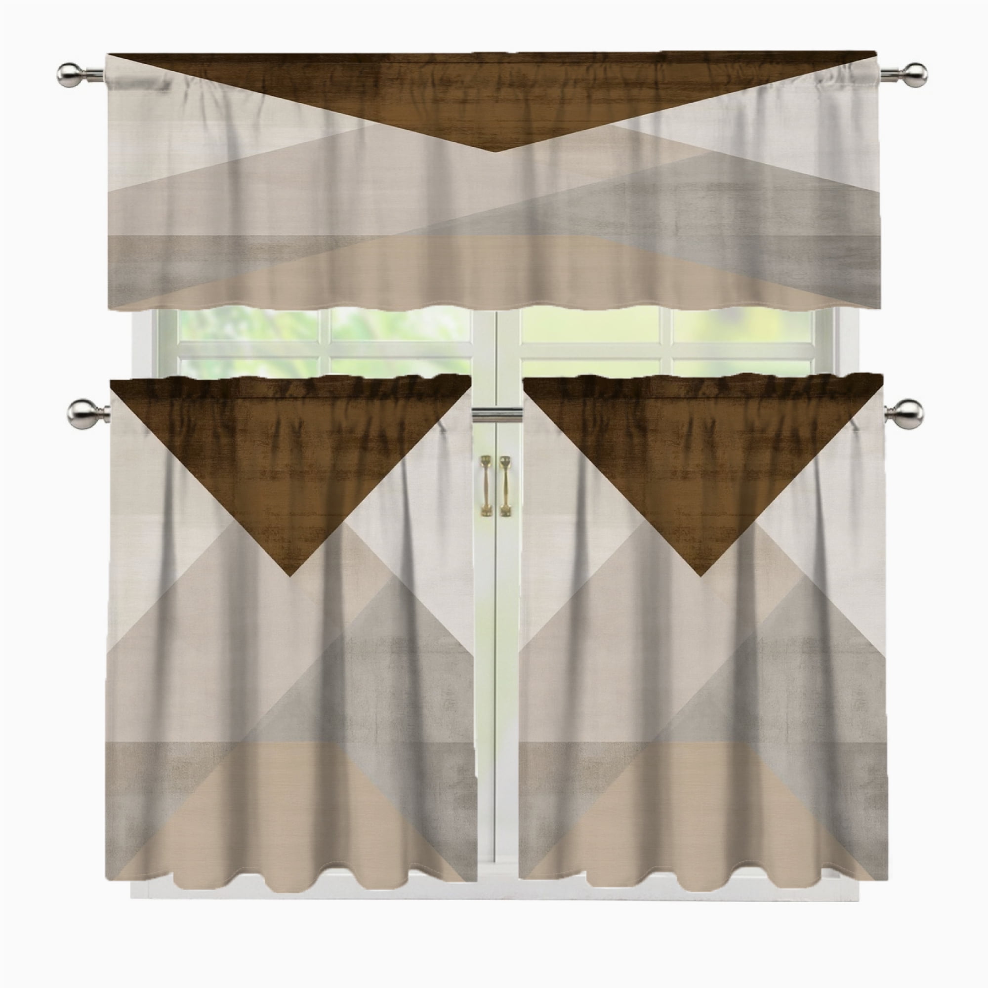 3 Pcs Kitchen Curtains Valance and Tiers Set Abstract geometric neutral art For Cafe Bathroom ...