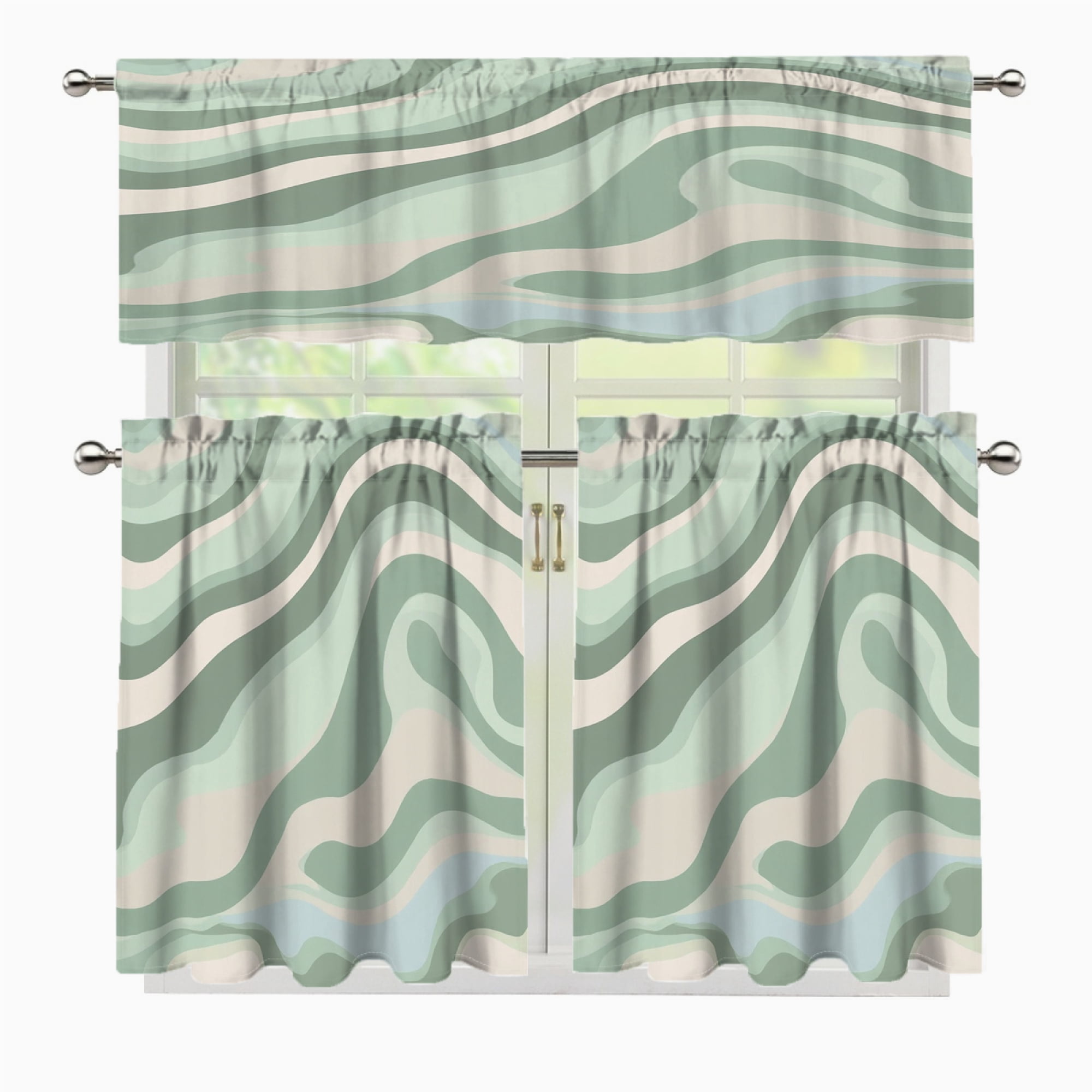 3 Pcs Kitchen Curtains Valance and Tiers Set Abstract green wavy ...