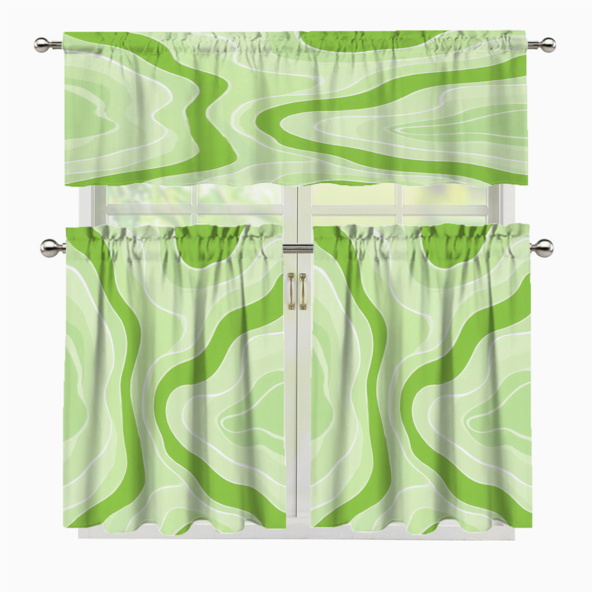 3 Pcs Kitchen Curtains Valance and Tiers Set Abstract green wavy ...