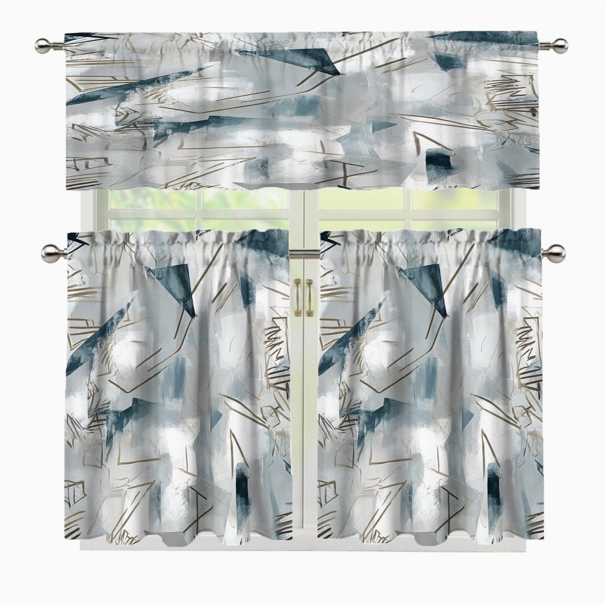 3 Pcs Kitchen Curtains Valance And Tiers Set Abstract Grey Blue Artwork For Cafe Bathroom And