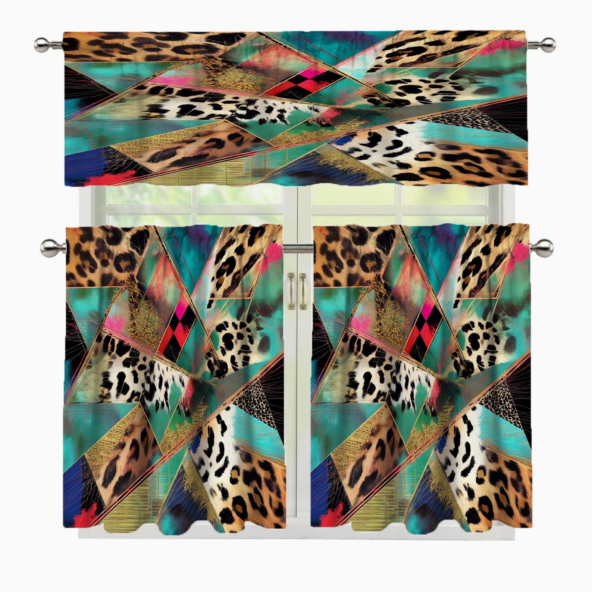 3 Pcs Kitchen Curtains Valance and Tiers Set Abstract leopard print ...