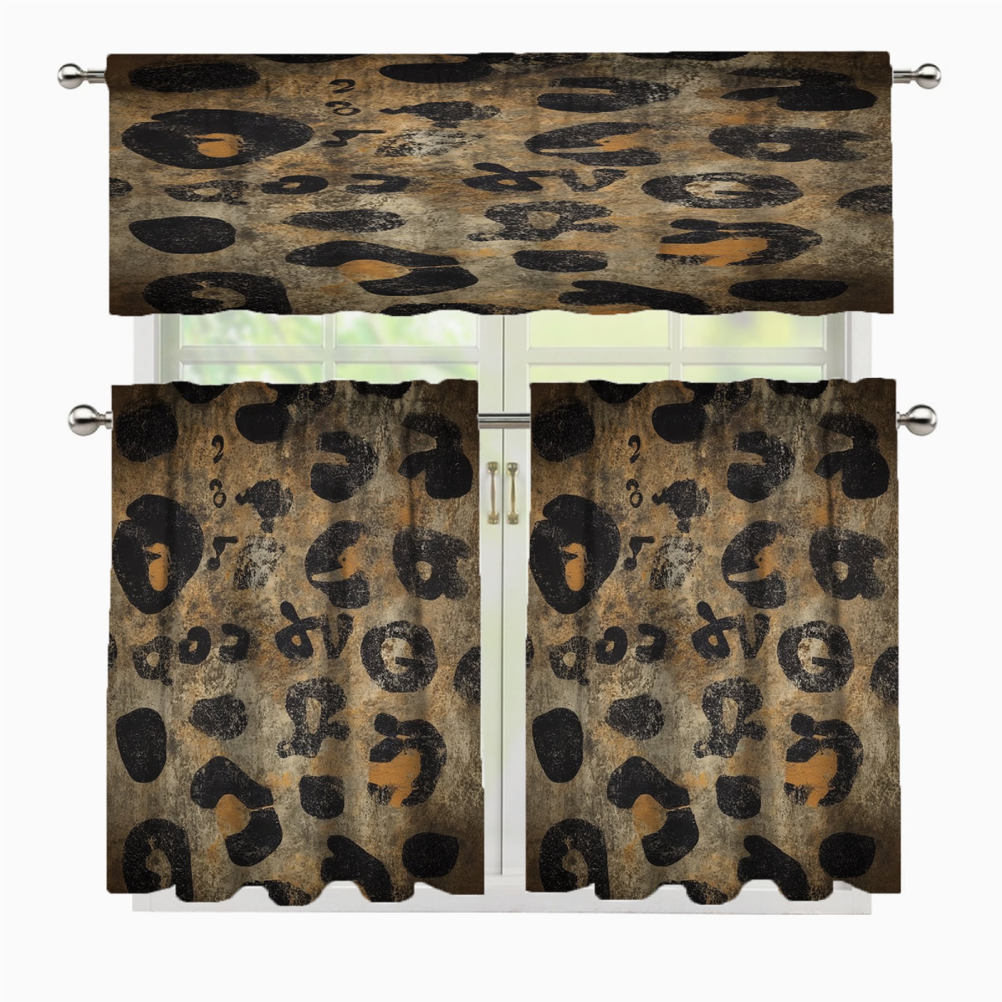 3 Pcs Kitchen Curtains Valance and Tiers Set Abstract leopard print ...