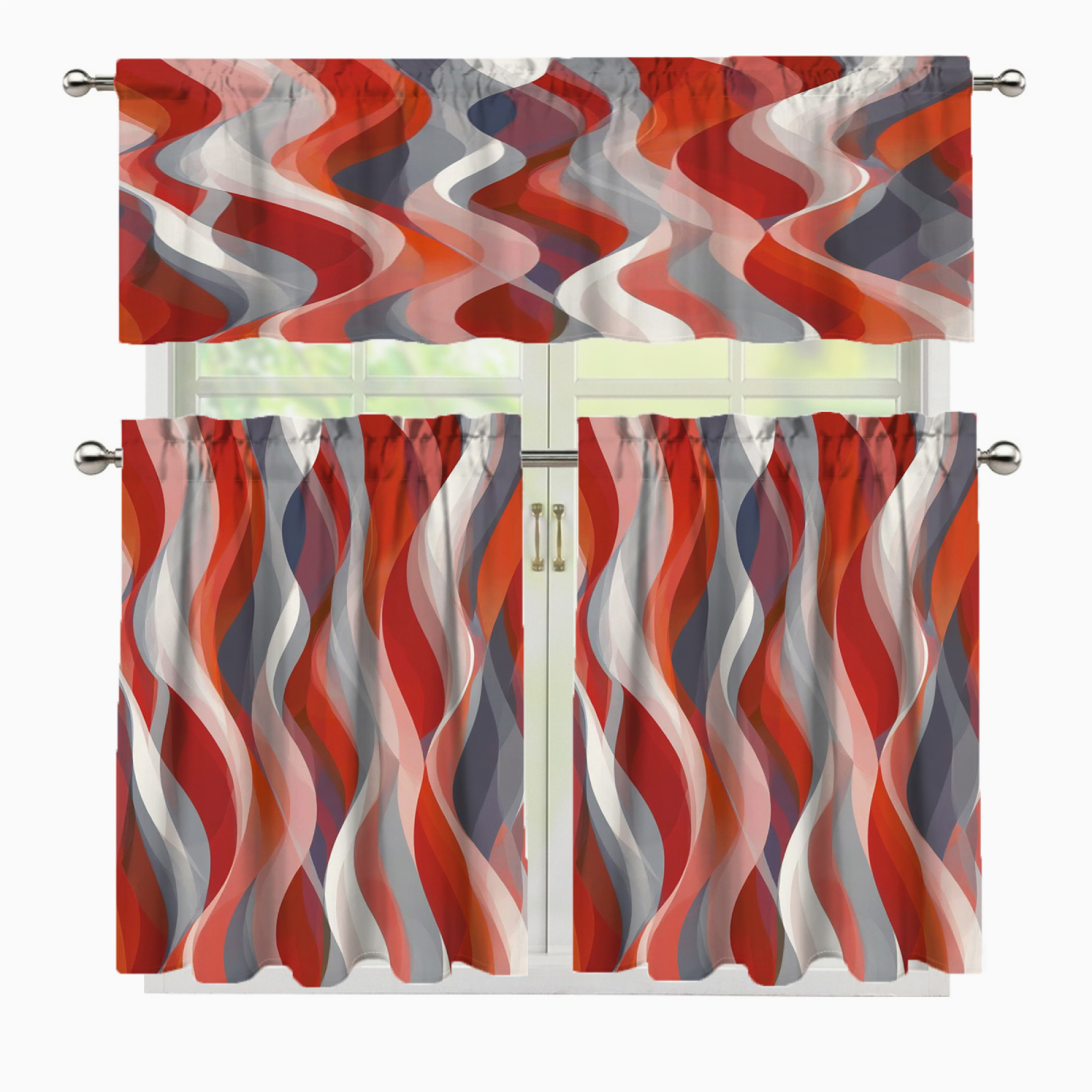 3 Pcs Kitchen Curtains Valance and Tiers Set Abstract red wavy pattern ...