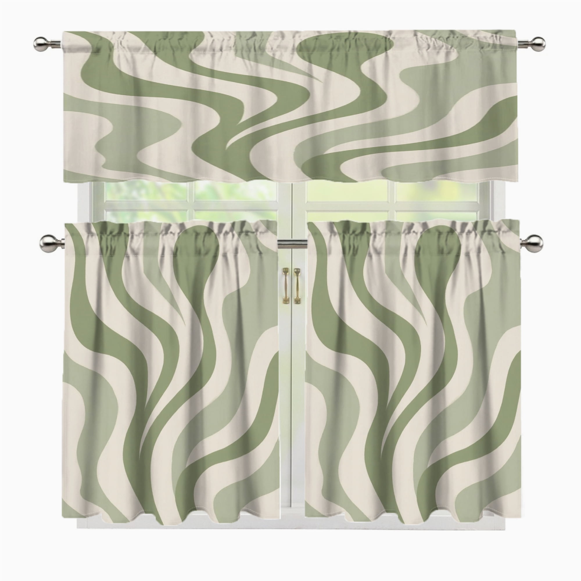 3 Pcs Kitchen Curtains Valance and Tiers Set Abstract sage green waves pattern For Cafe Bathroom ...