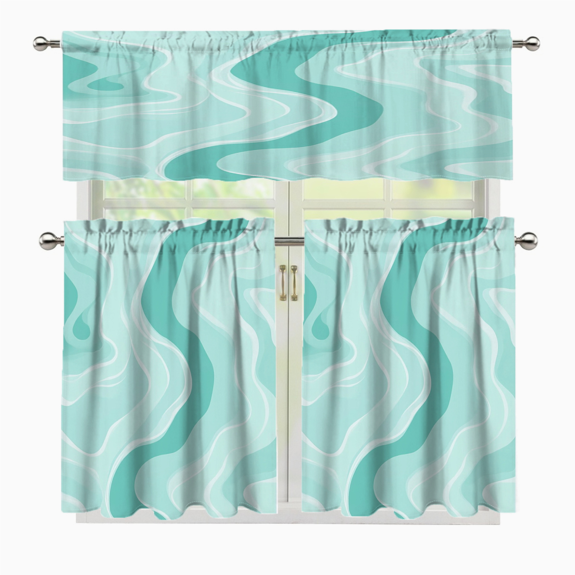 3 Pcs Kitchen Curtains Valance and Tiers Set Abstract teal wavy pattern ...