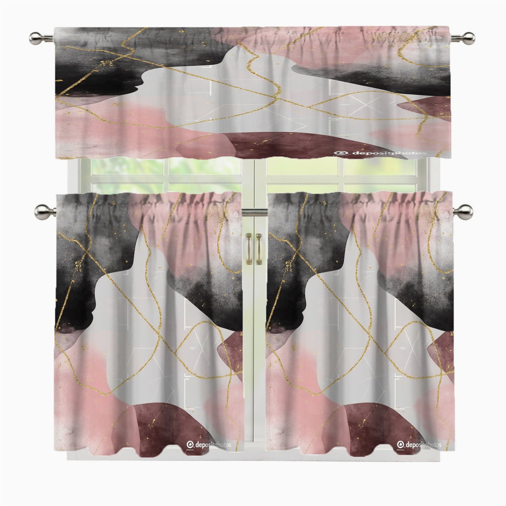 3 Pcs Kitchen Curtains Valance and Tiers Set Abstract watercolor gold ...