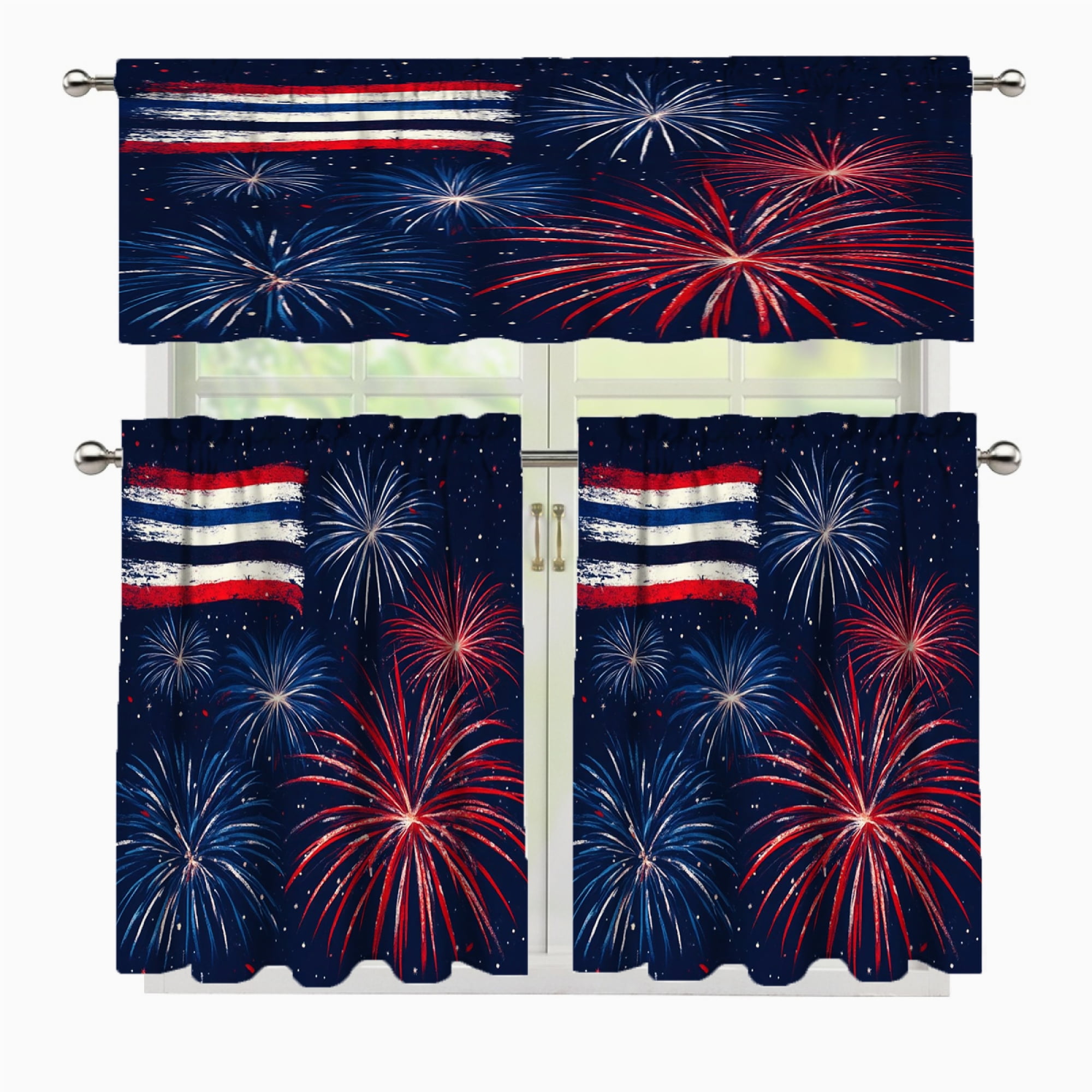 3 Pcs Kitchen Curtains Valance and Tiers Set American Flag Fireworks Celebration-1 For Cafe ...