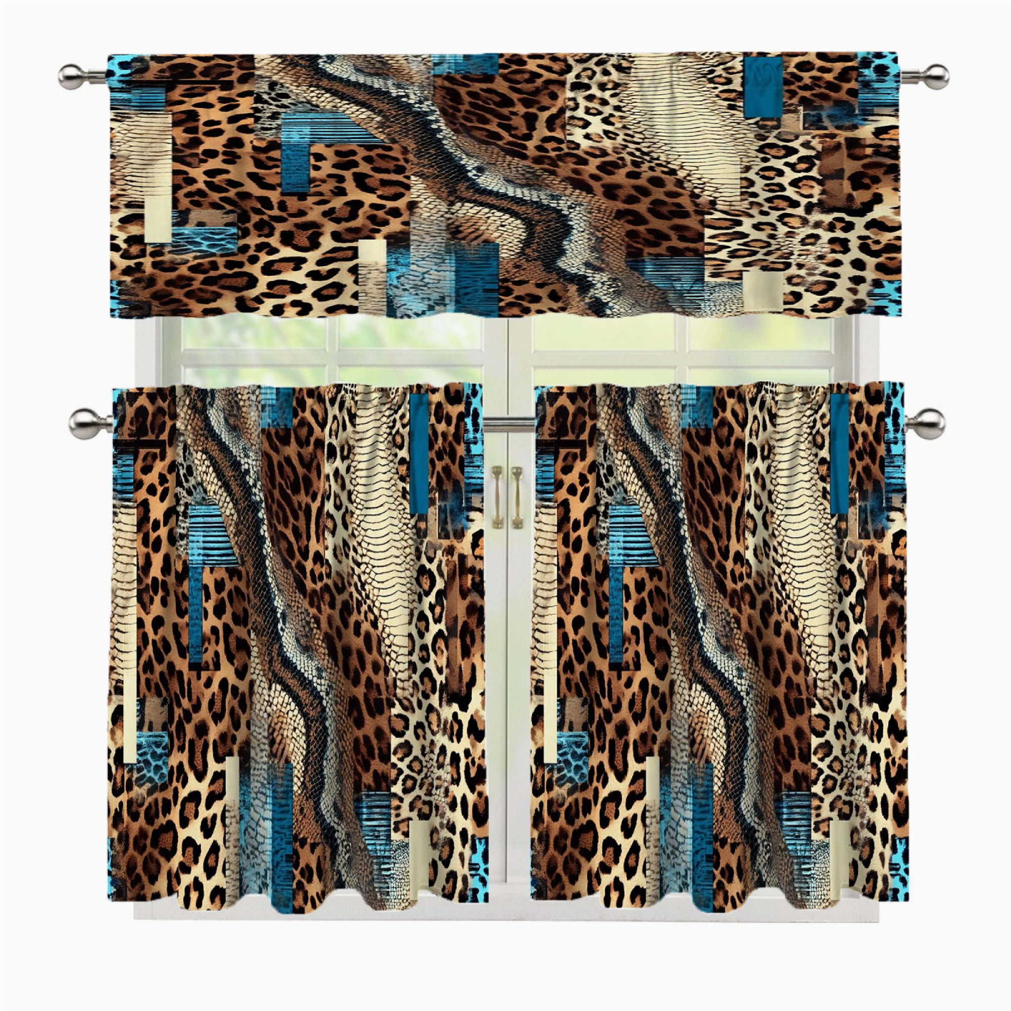 3 Pcs Kitchen Curtains Valance and Tiers Set Animal print patchwork ...