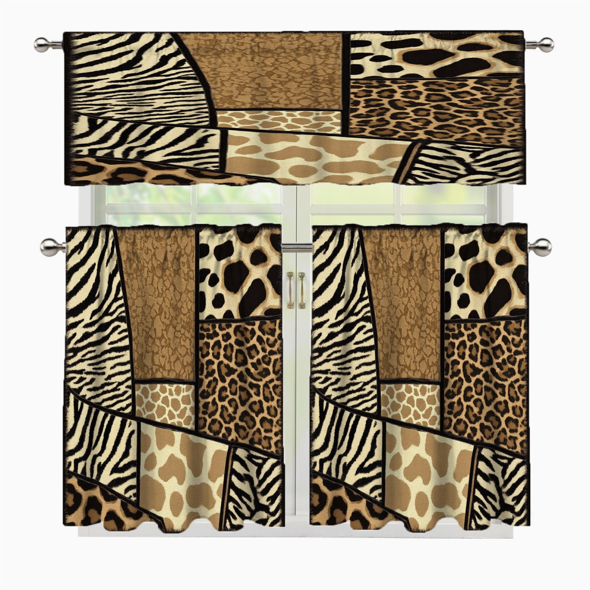 3 Pcs Kitchen Curtains Valance and Tiers Set Animal print patchwork rug ...