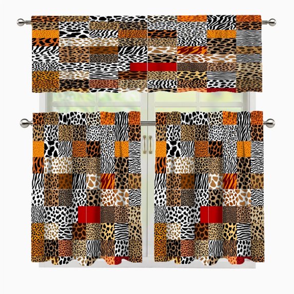 3 Pcs Kitchen Curtains Valance and Tiers Set Animal print patchwork ...