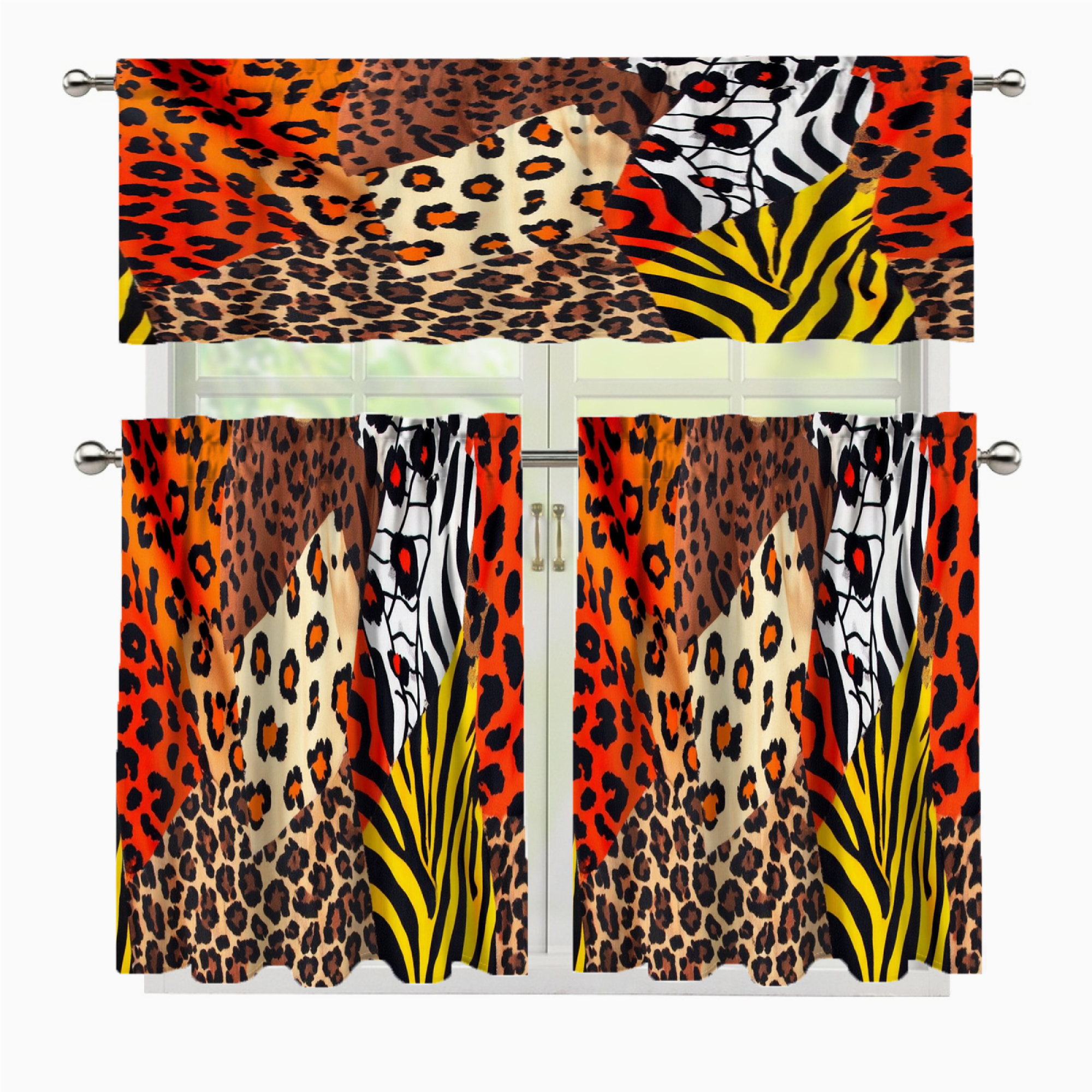 3 Pcs Kitchen Curtains Valance and Tiers Set Animal print patchwork ...