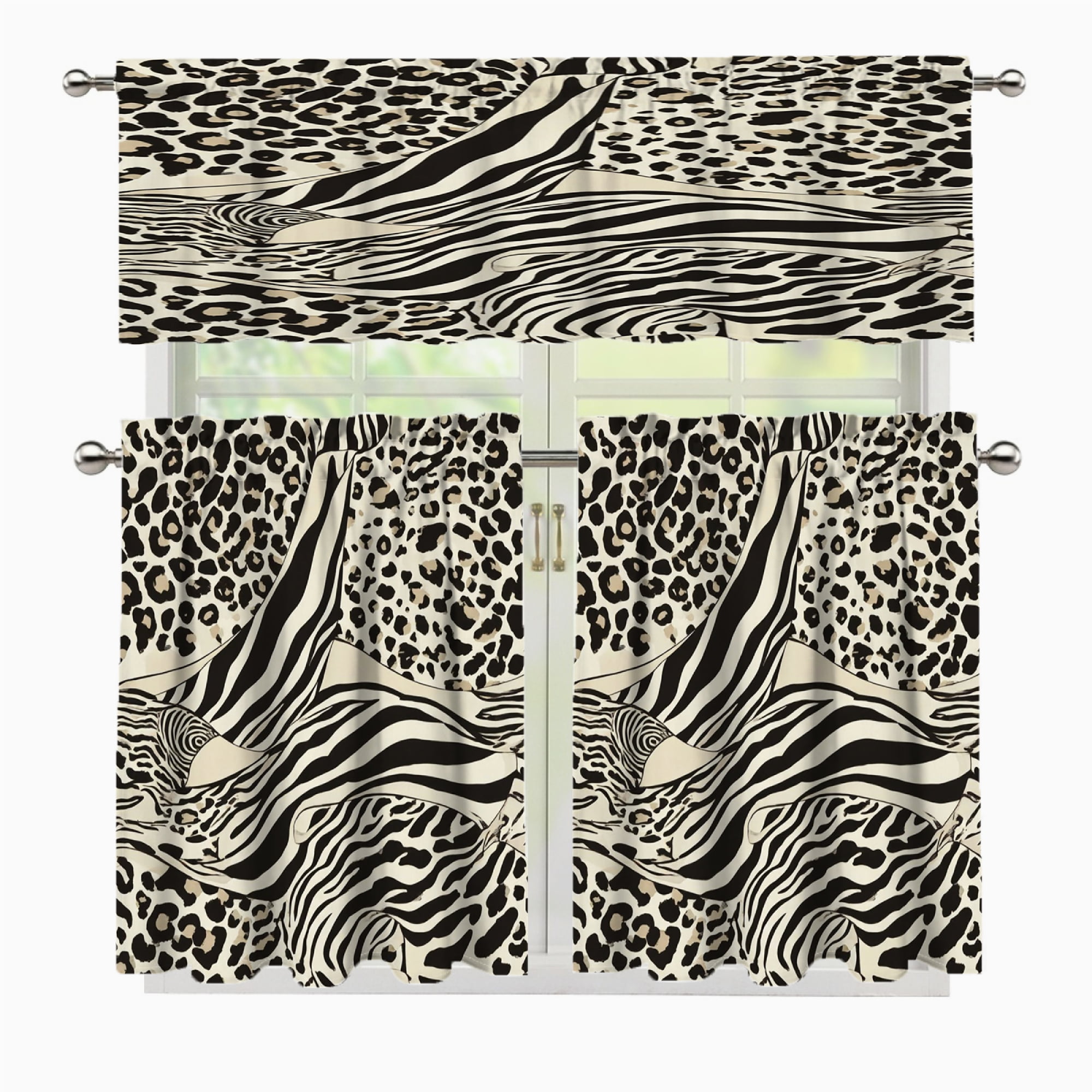 3 Pcs Kitchen Curtains Valance and Tiers Set Animal print zebra leopard ...