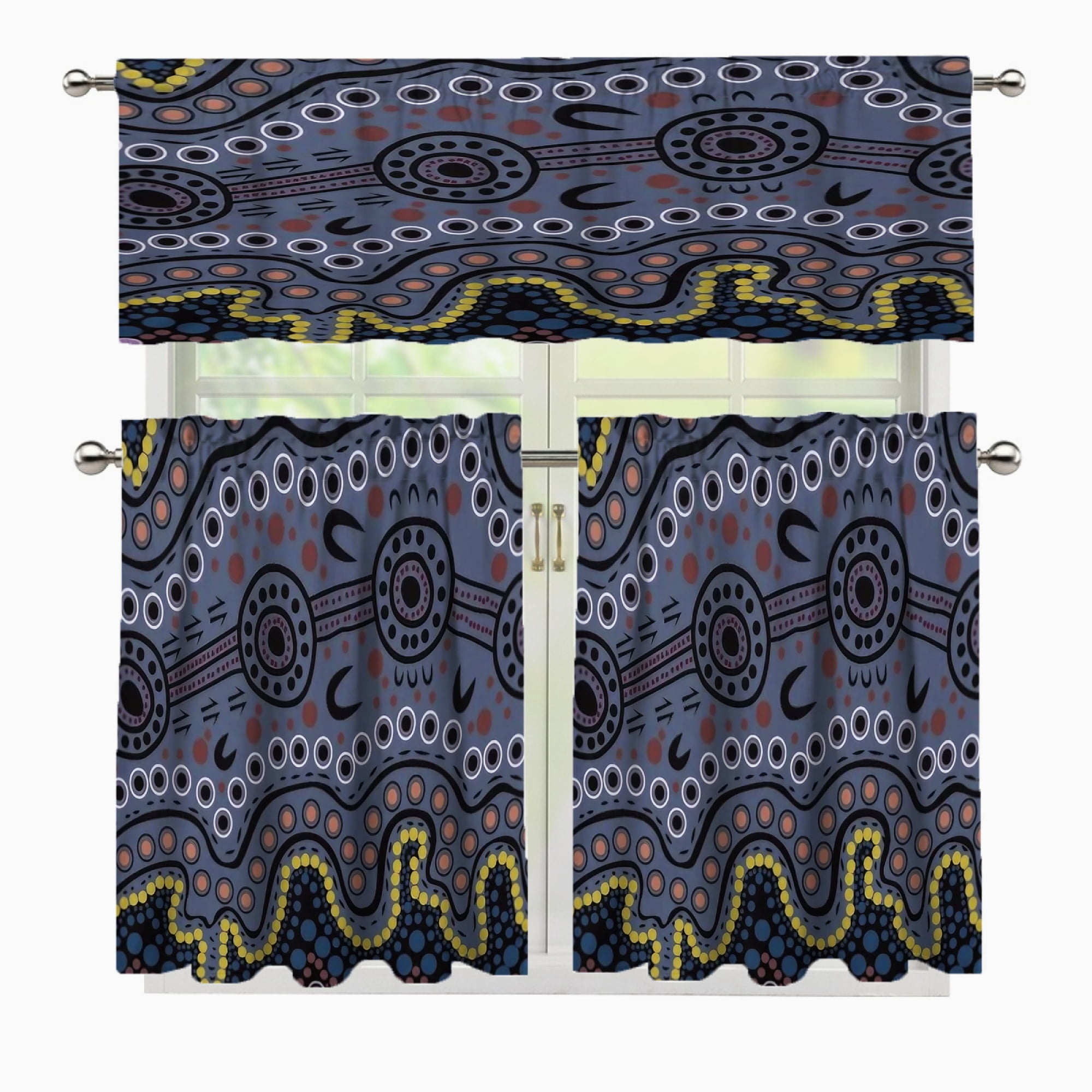 3 Pcs Kitchen Curtains Valance and Tiers Set Australian Aboriginal ...