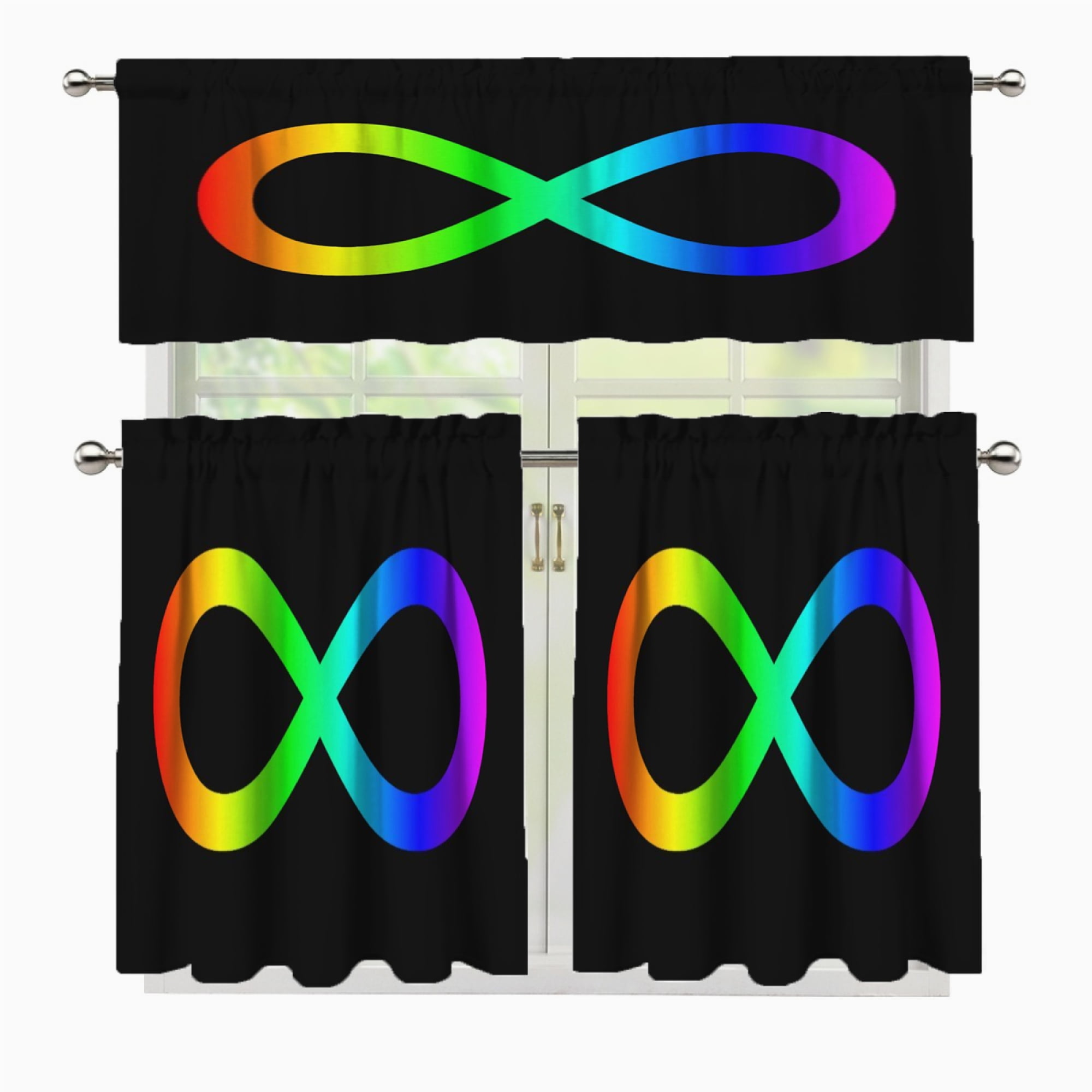 3 Pcs Kitchen Curtains Valance and Tiers Set Autism spectrum infinity ...