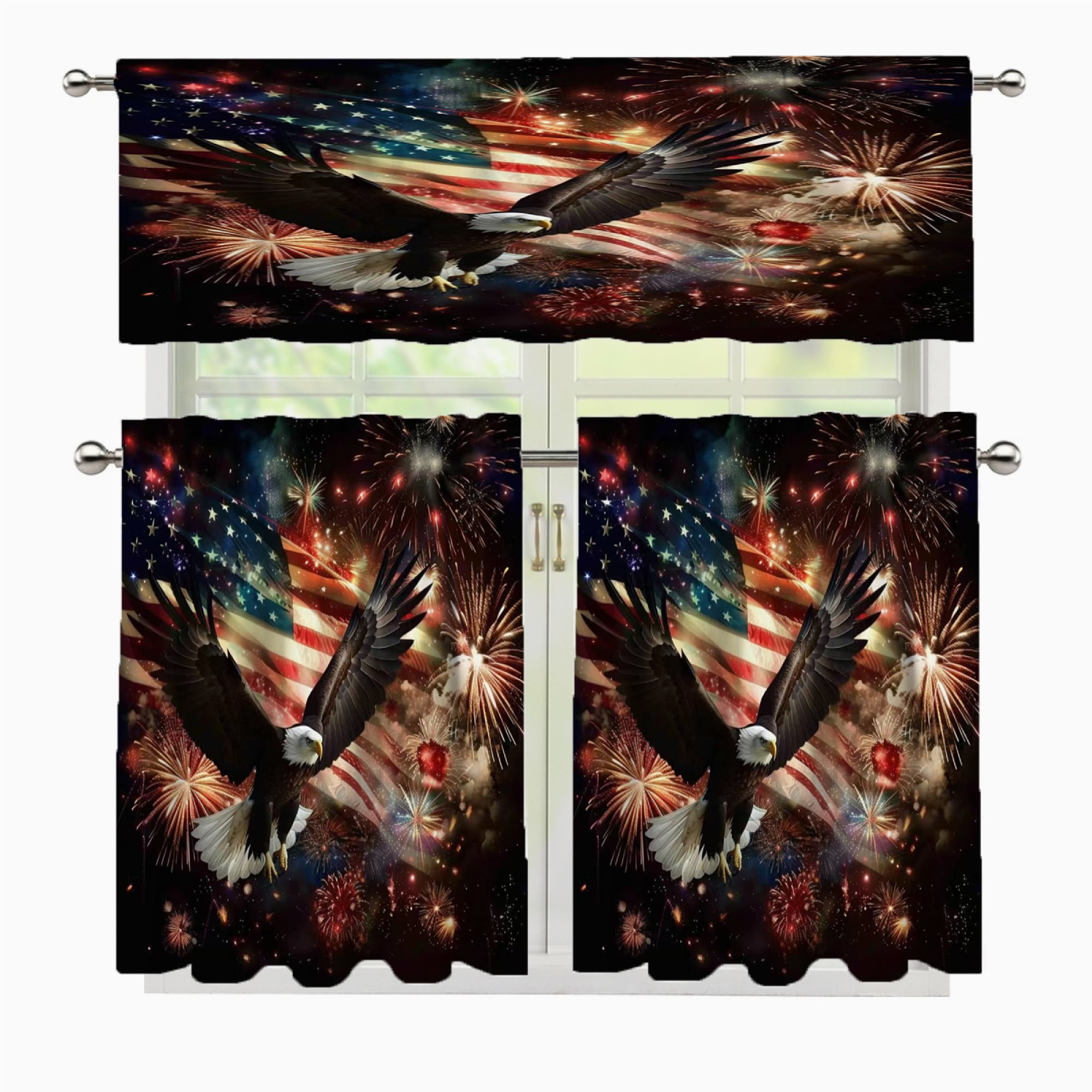 3 Pcs Kitchen Curtains Valance and Tiers Set Beautiful eagle and USA ...