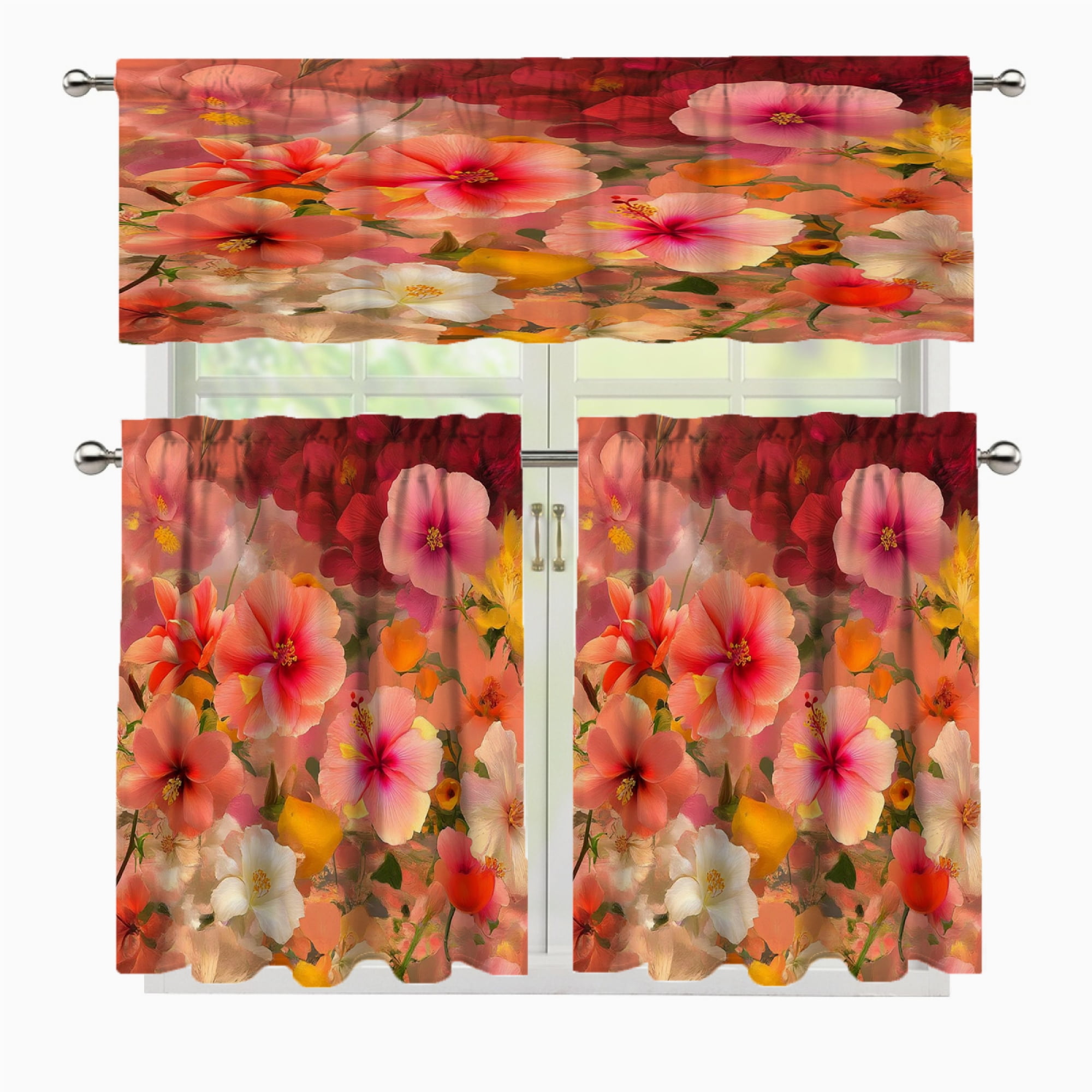 3 Pcs Kitchen Curtains Valance and Tiers Set Beautiful vibrant hibiscus ...