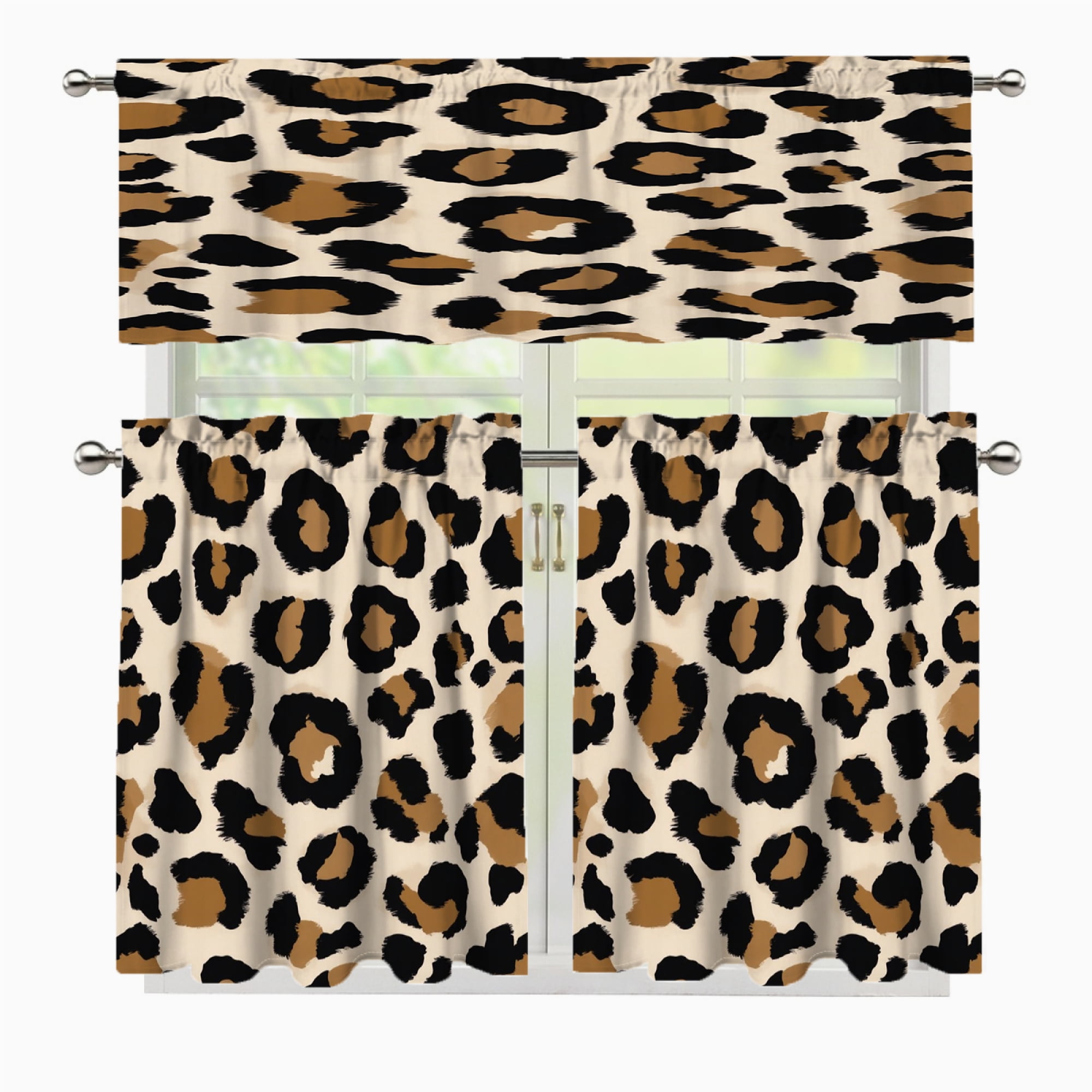 3 Pcs Kitchen Curtains Valance and Tiers Set Beige background leopard ...