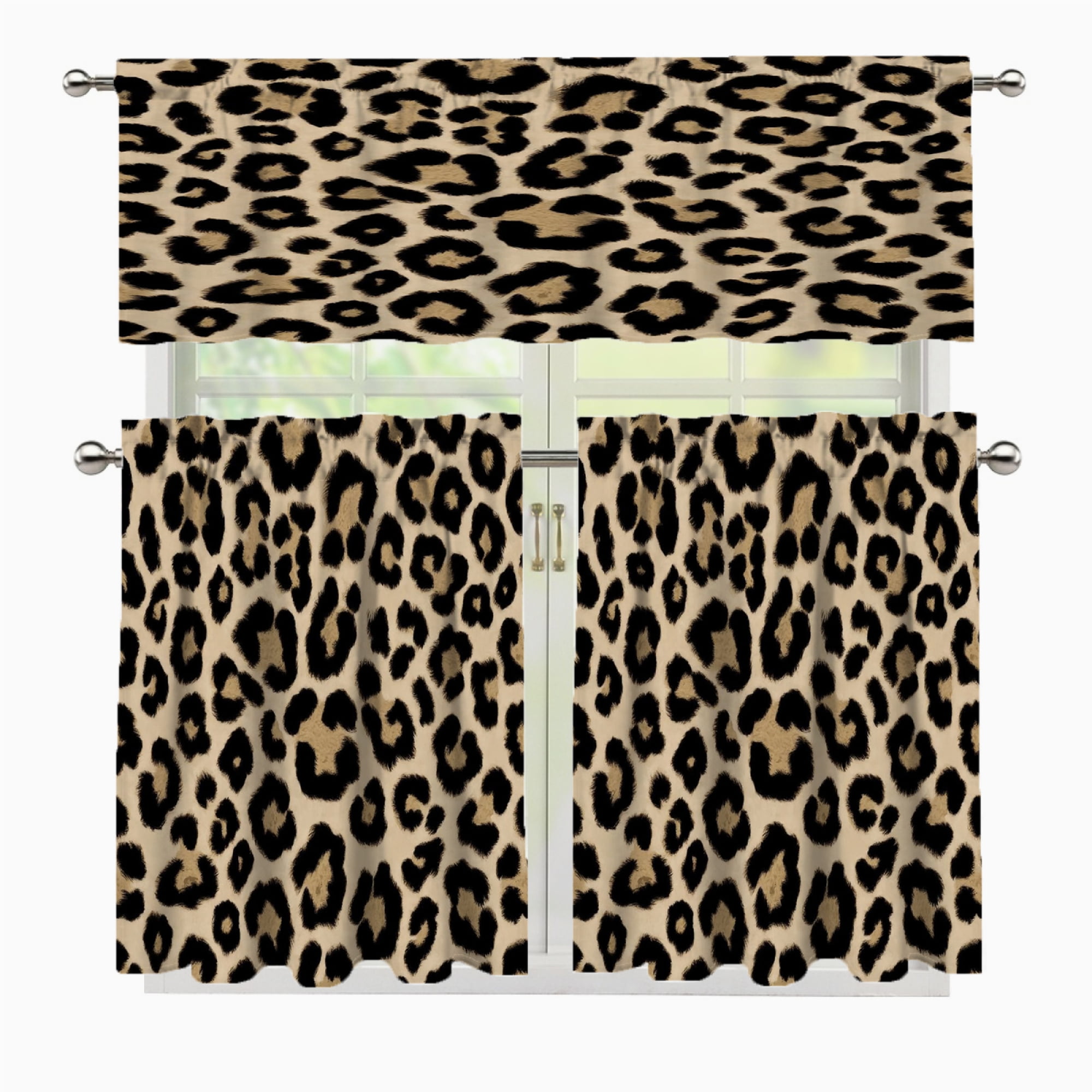 3 Pcs Kitchen Curtains Valance and Tiers Set Beige black leopard print ...