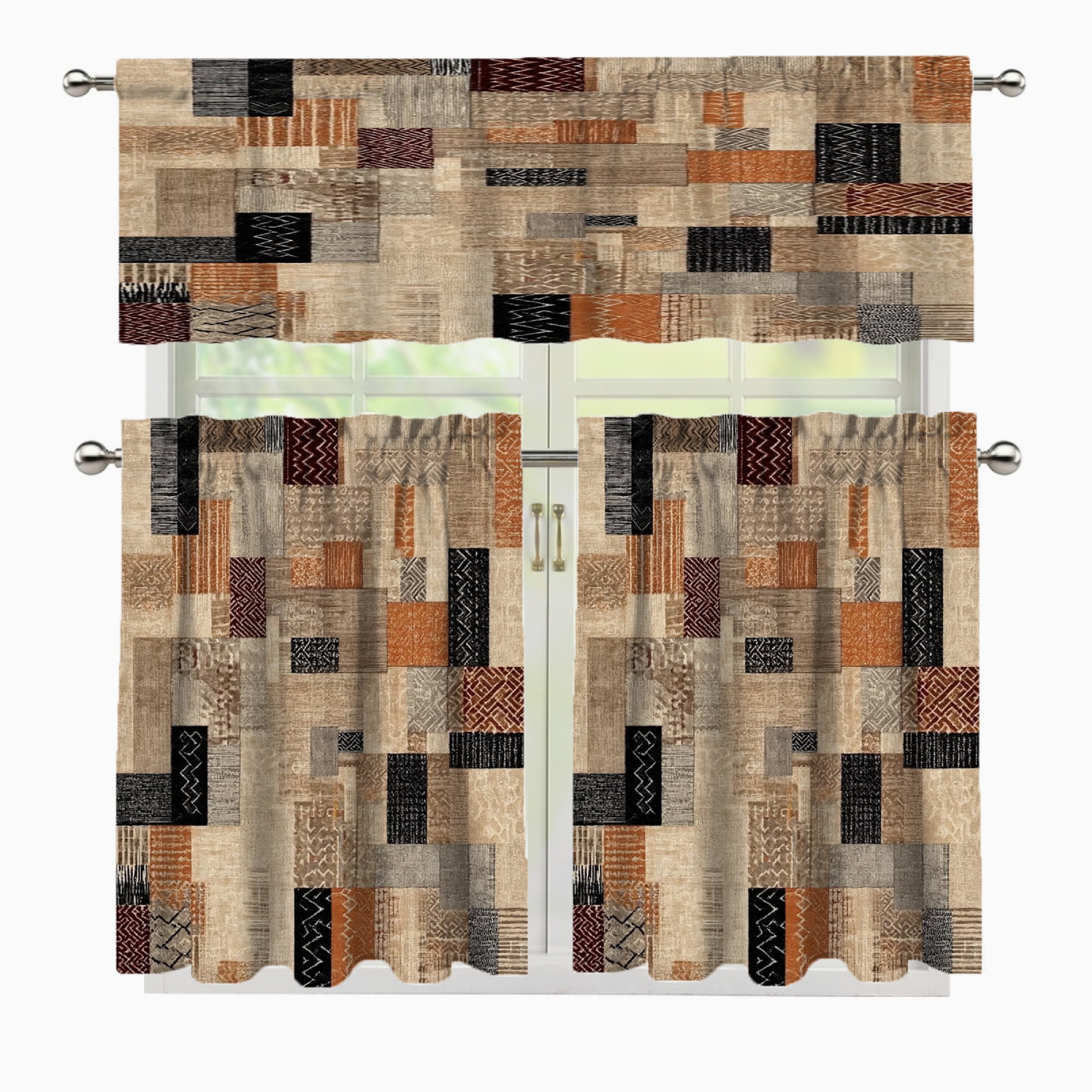 3 Pcs Kitchen Curtains Valance and Tiers Set Beige patchwork rug design ...