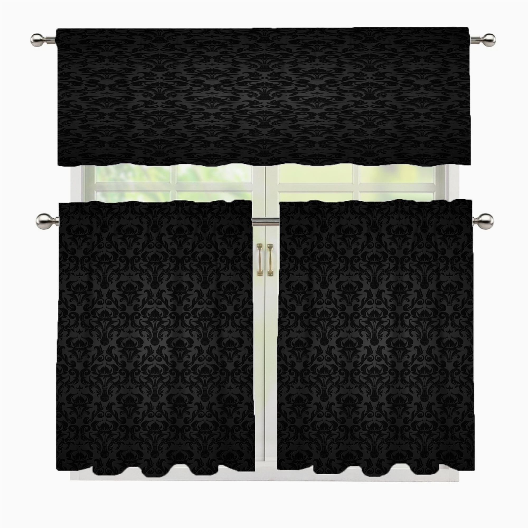 3 Pcs Kitchen Curtains Valance and Tiers Set Black Damask Background ...